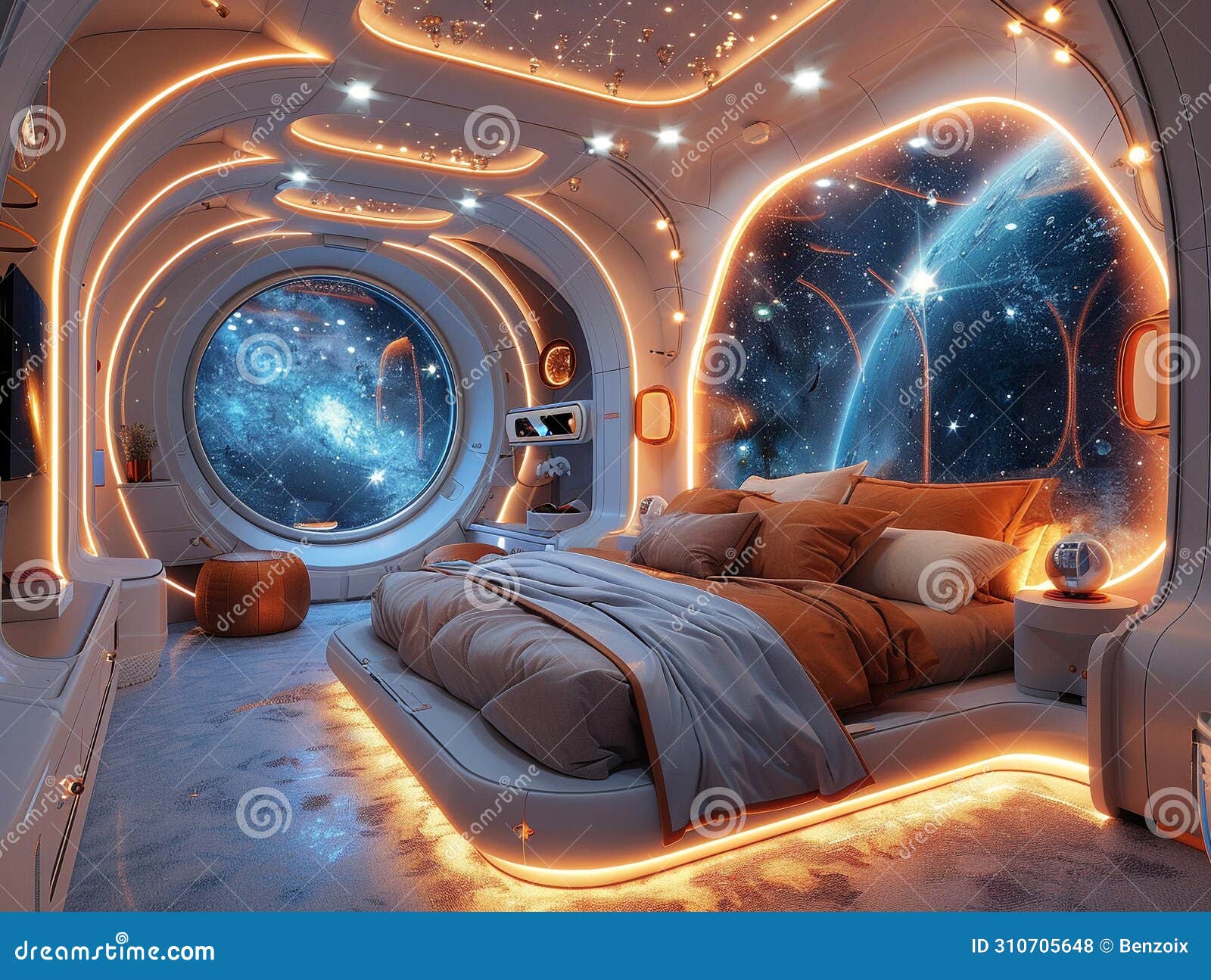 Space-themed Bedroom with Galaxy Murals Spaceship Bed Stock ...