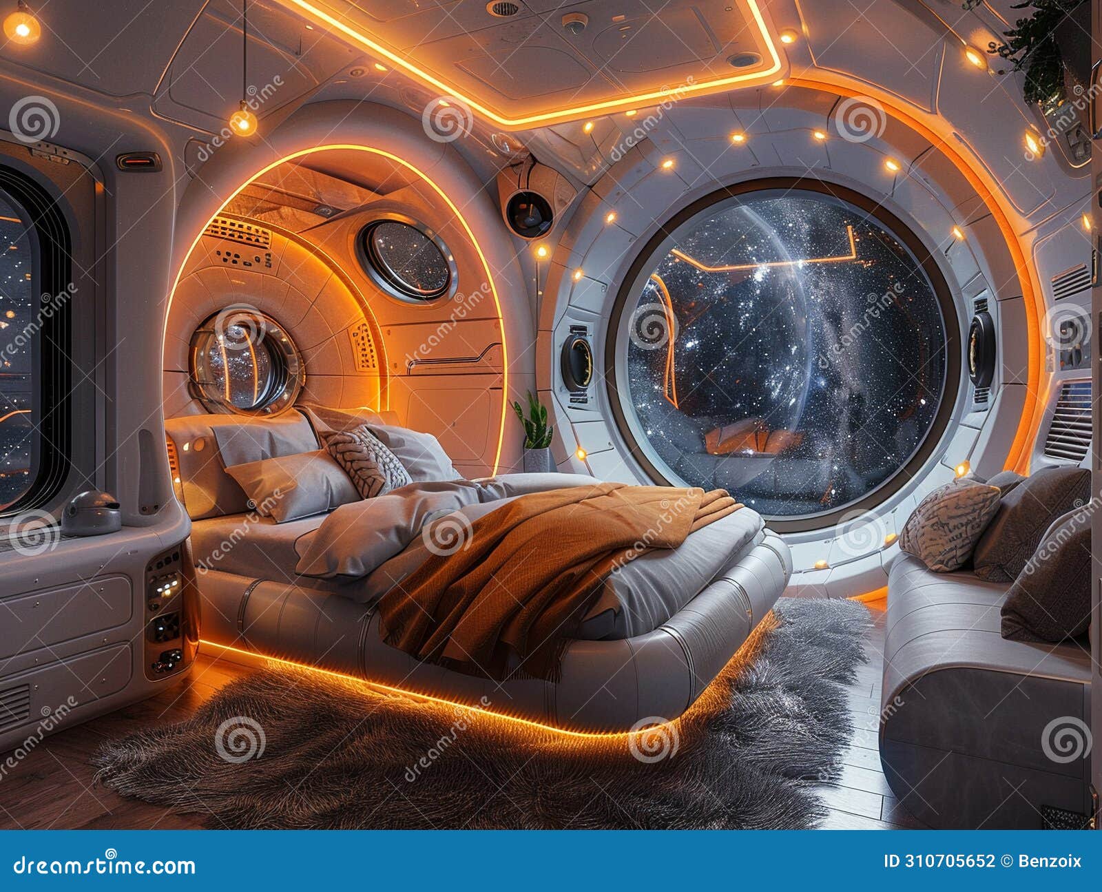 Space-themed Bedroom with Galaxy Murals Spaceship Bed Stock ...