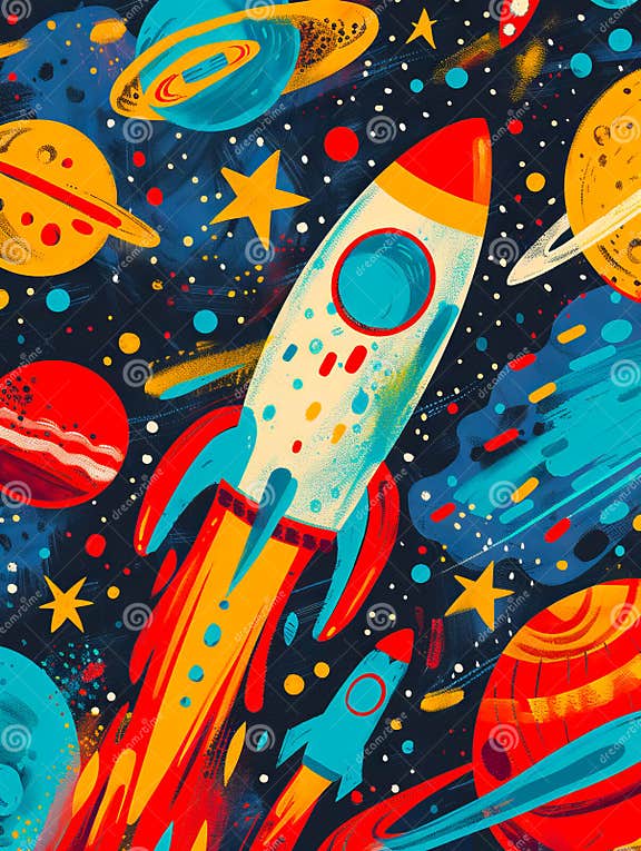 A Space Themed Illustration with Rockets and Planets Stock Photo ...