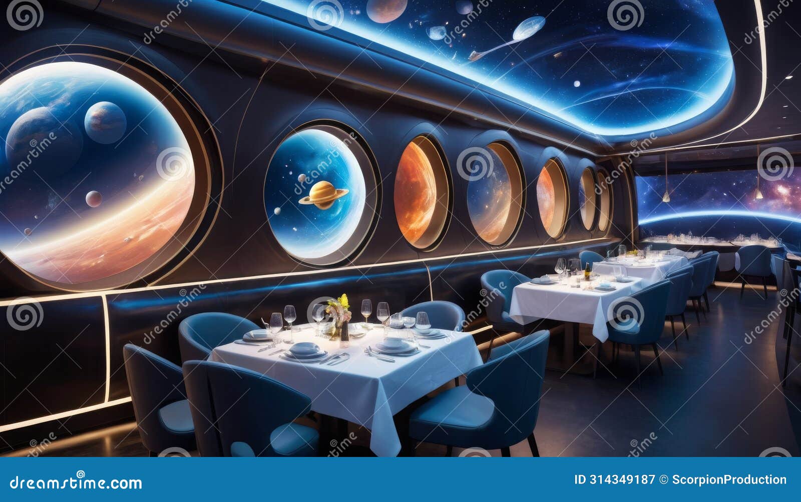 Space-Themed Restaurant with Cosmic View Stock Image - Image of ...