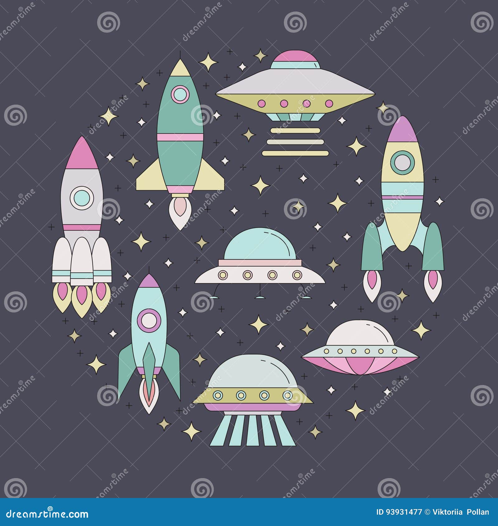 Space Transportation Outline Circle Illustration. Part Two. Stock ...