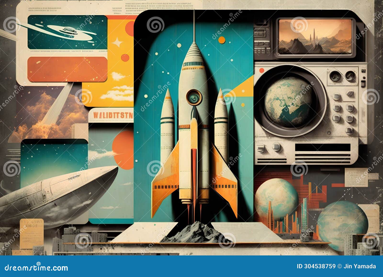 Space Travel Collage with Space Rocket, Astronaut and Planets. Elements ...