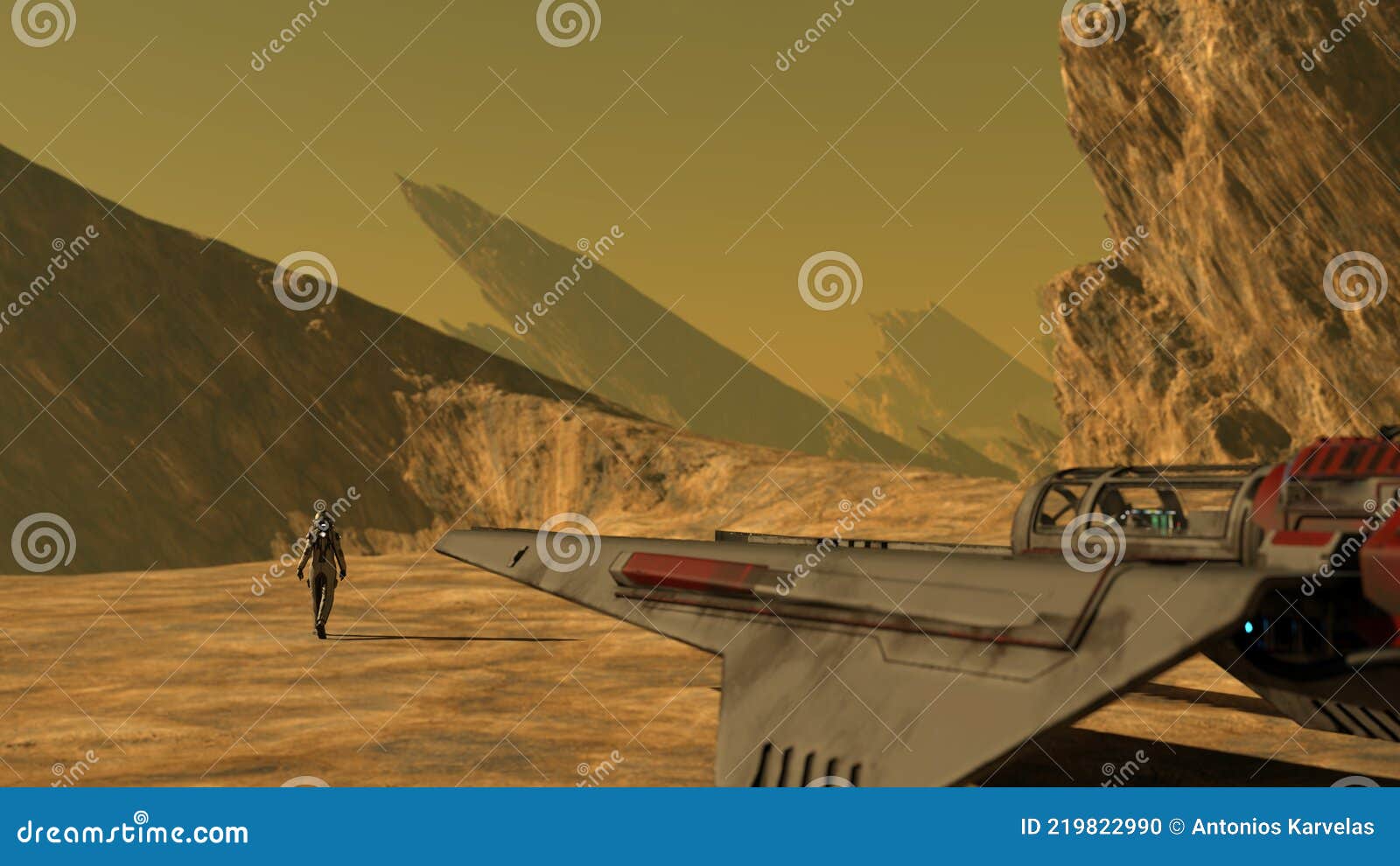 Space Traveler Exploring a New Planet and Facing Alien Flying Creatures ...