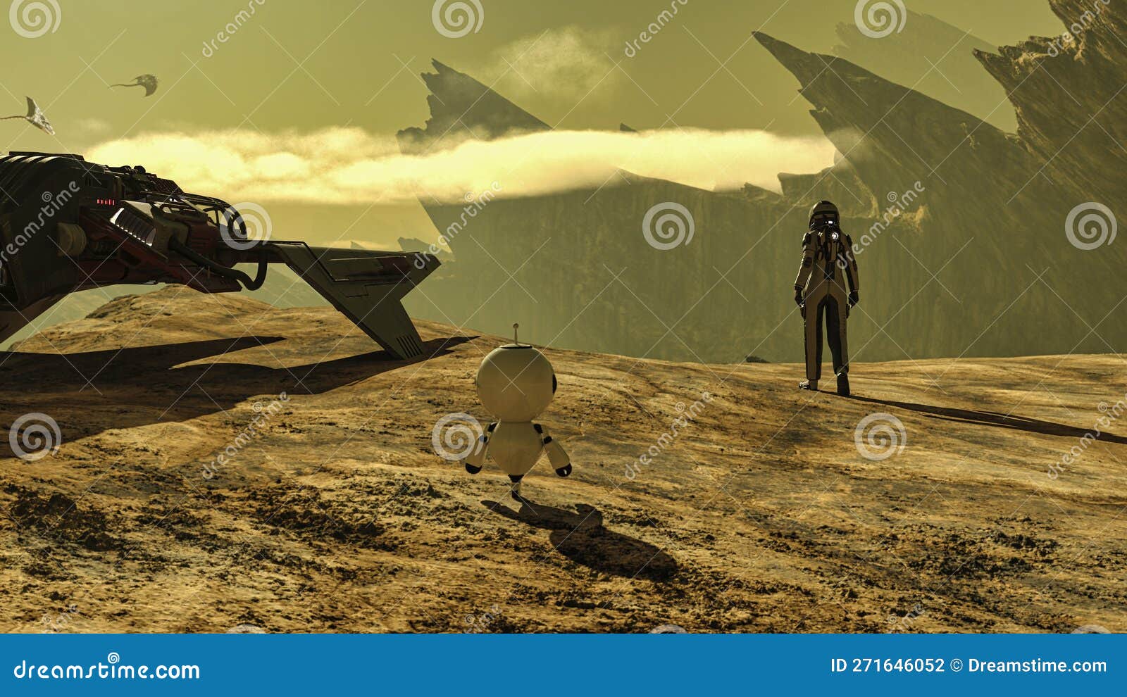 Space Traveler With A Small Robot Exploring A New Planet And Facing ...