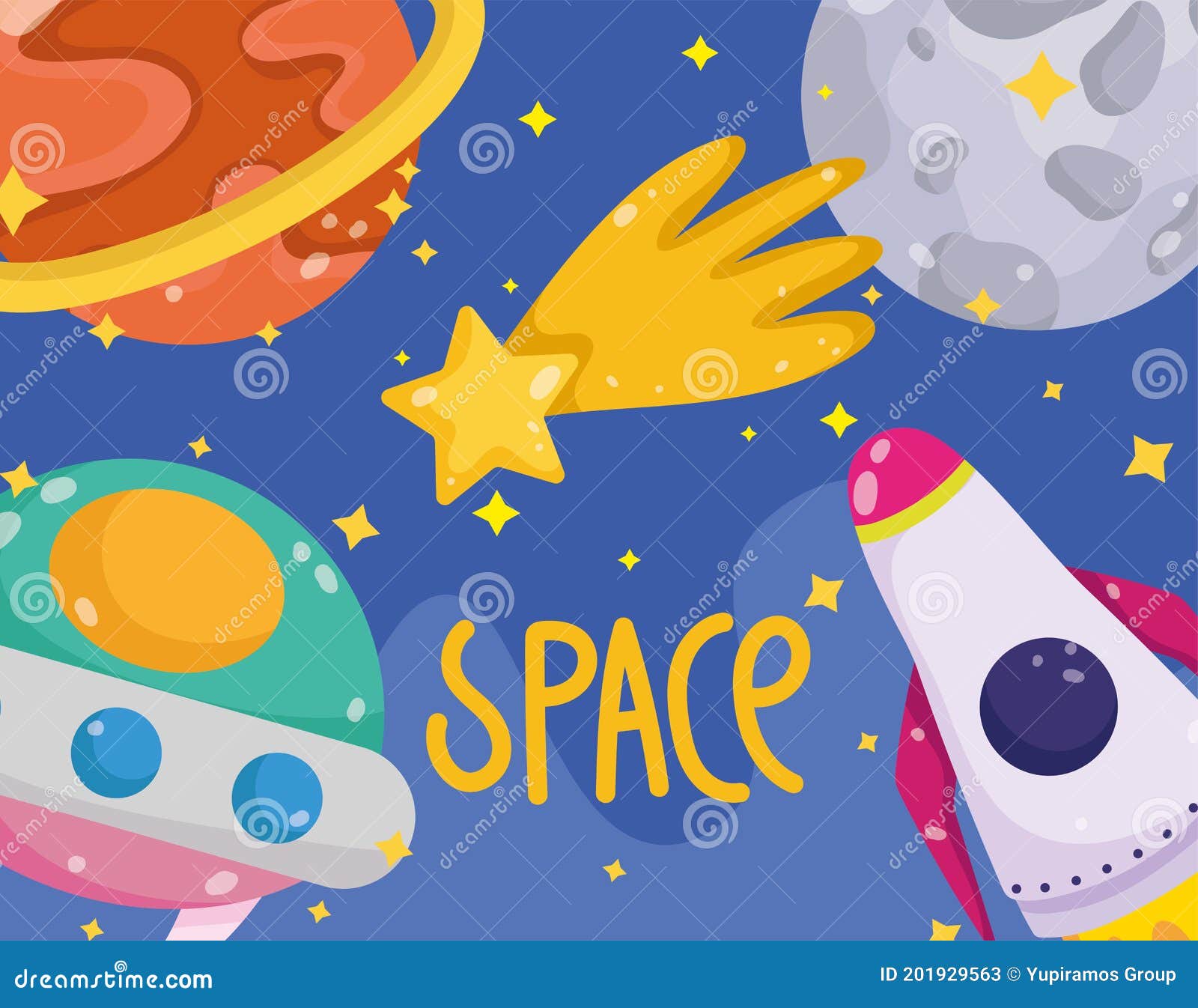 Space Ufo Star Moon Rocket Galaxy Astronomy in Cartoon Style Stock ...