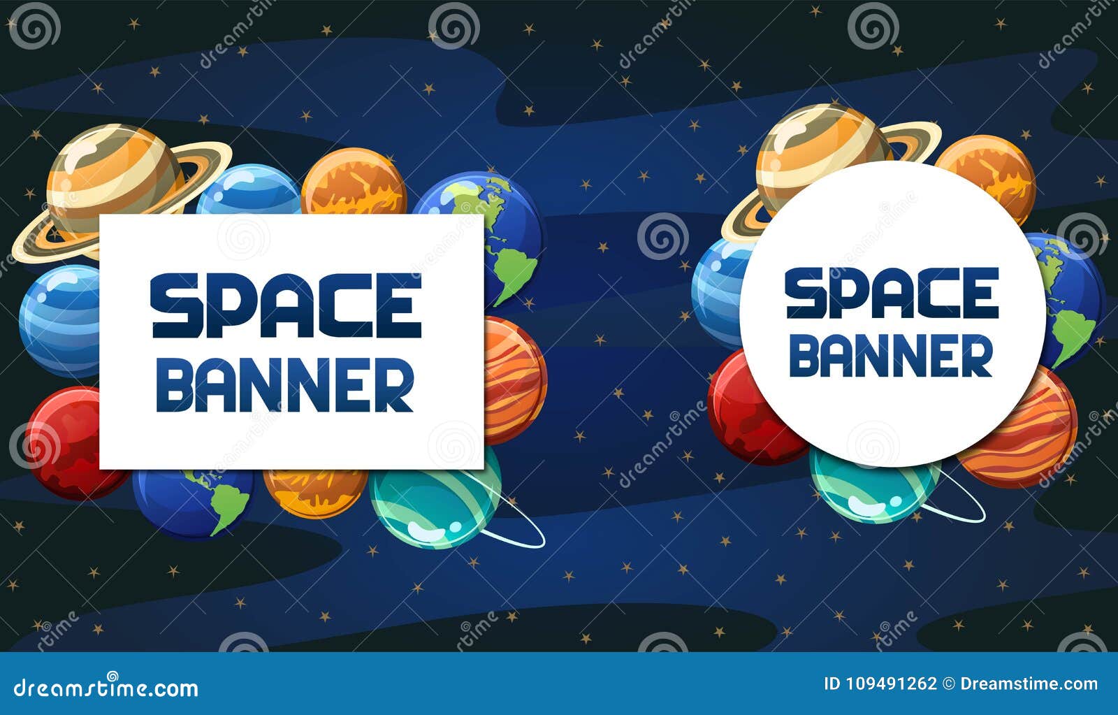 Space Vector Banner Design with Planets.Round and Square Banner. Outer ...
