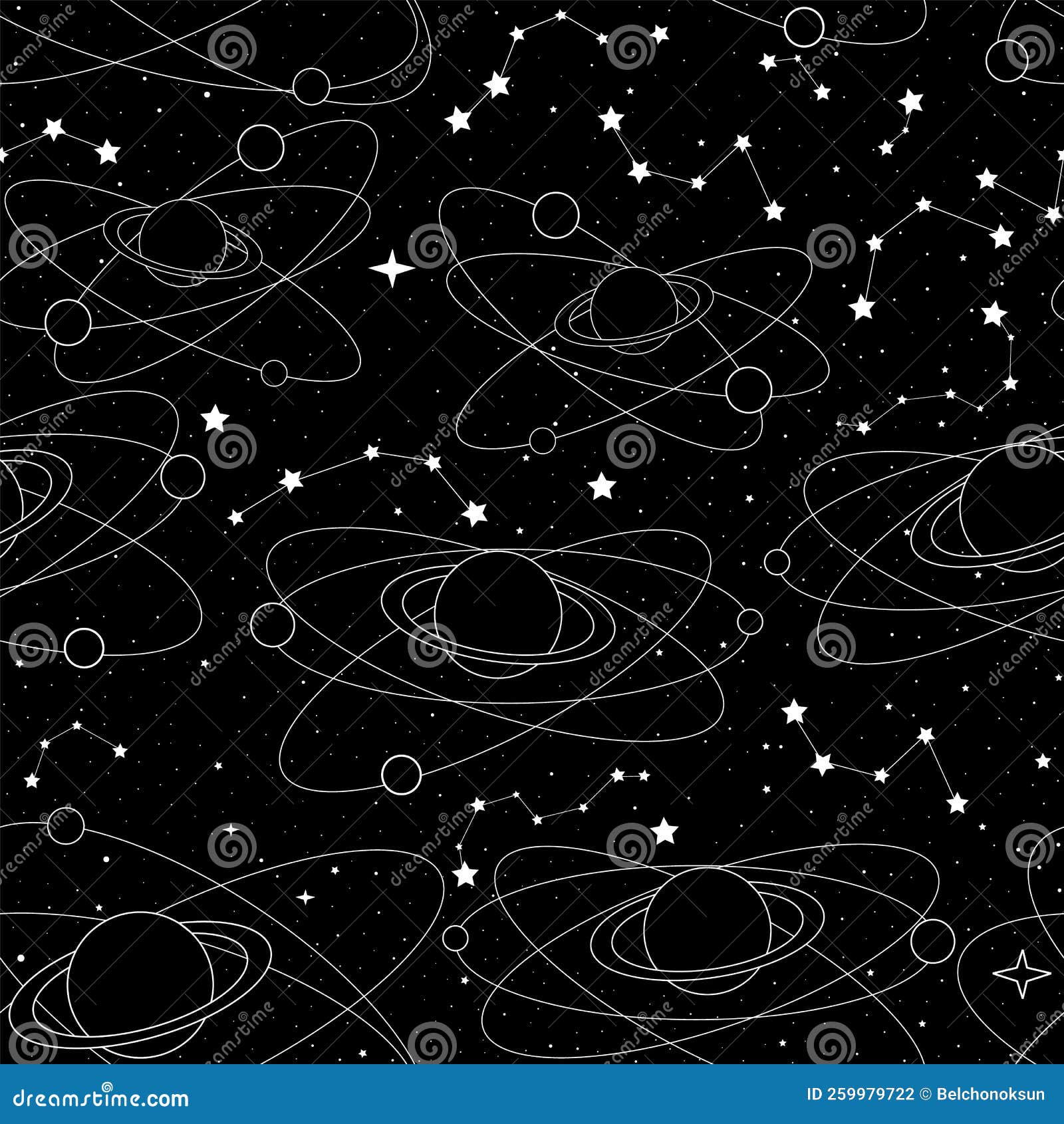 Space Vector Seamless Pattern with Handwritten Planets with Rins, Stars and Constellations Stock ...