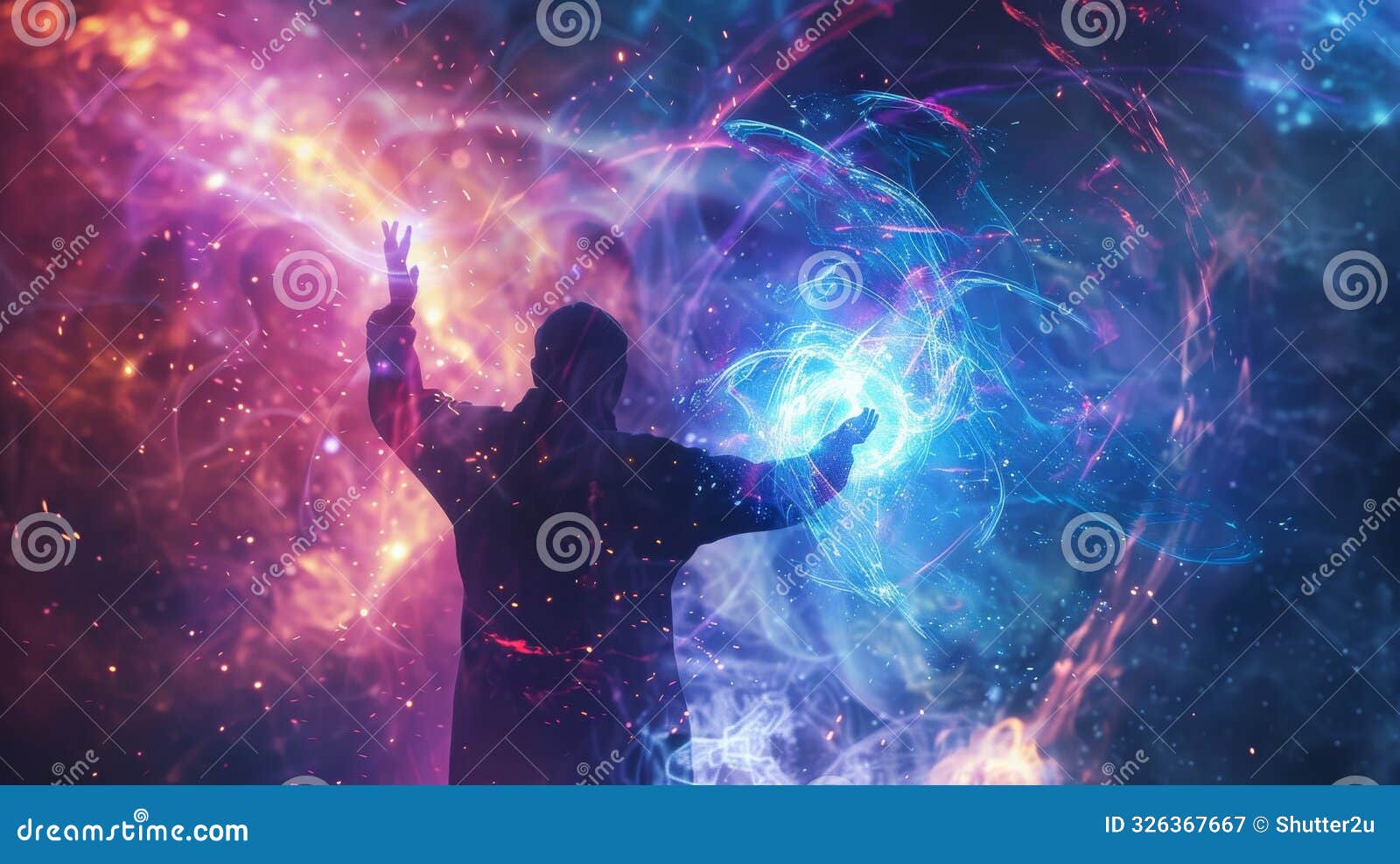 A Space Wizard Casting Spells in a Virtual Realm Vibrant Arcane Energy ...