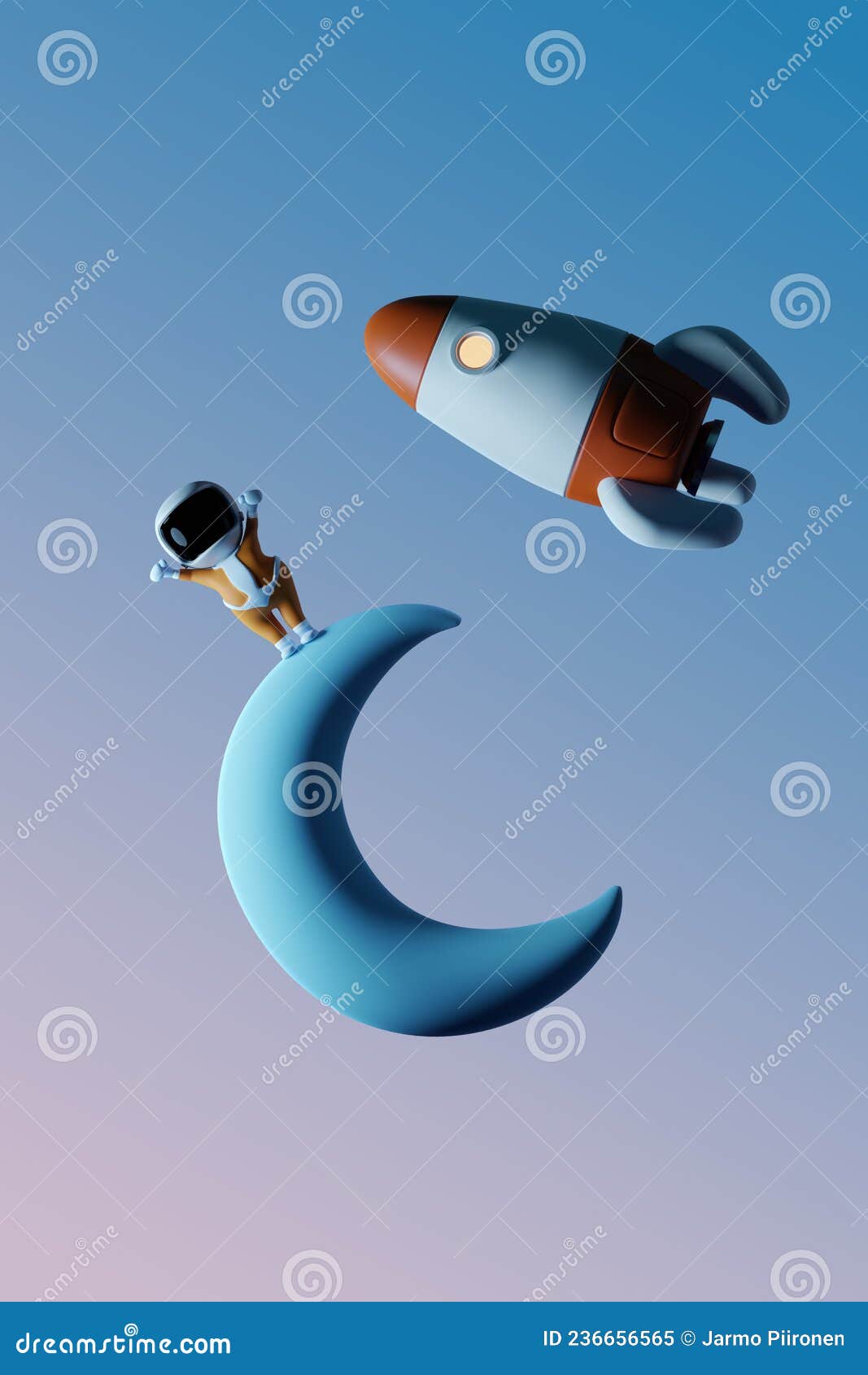 Spaceboy Cheering on the Crescent Moon with His Rocket in Space ...