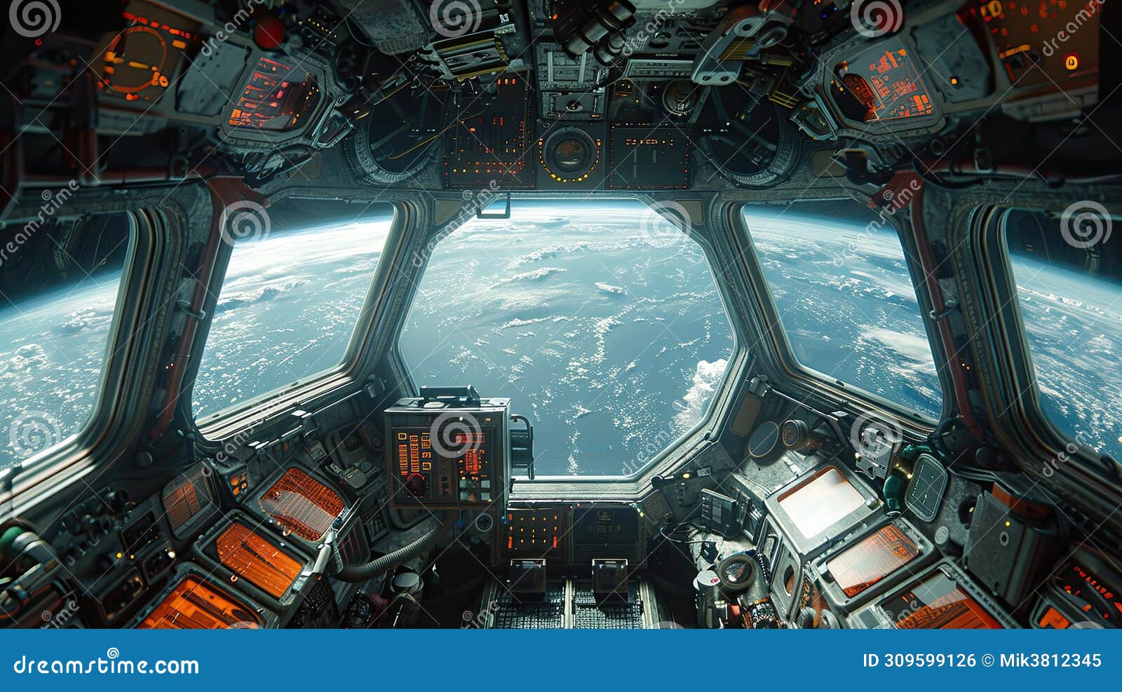 Spacecraft Cockpit Overlooking Earth from Orbit. Stock Illustration ...