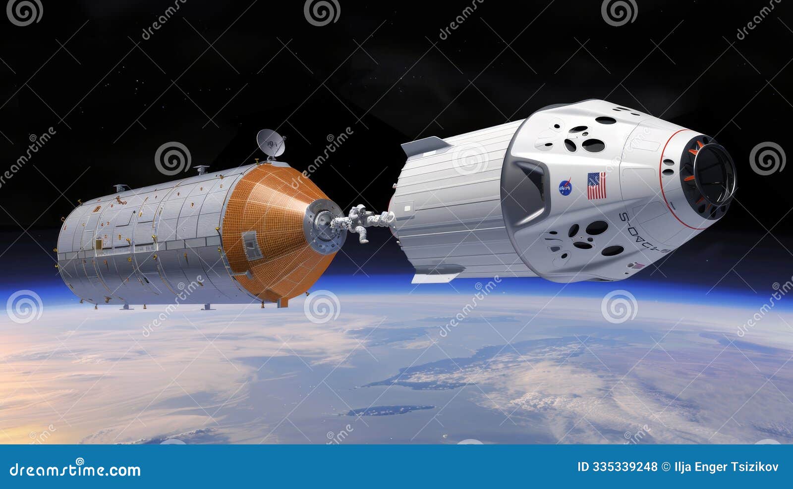 Spacecraft Crew Module Docking with Space Station, Earth in Background ...