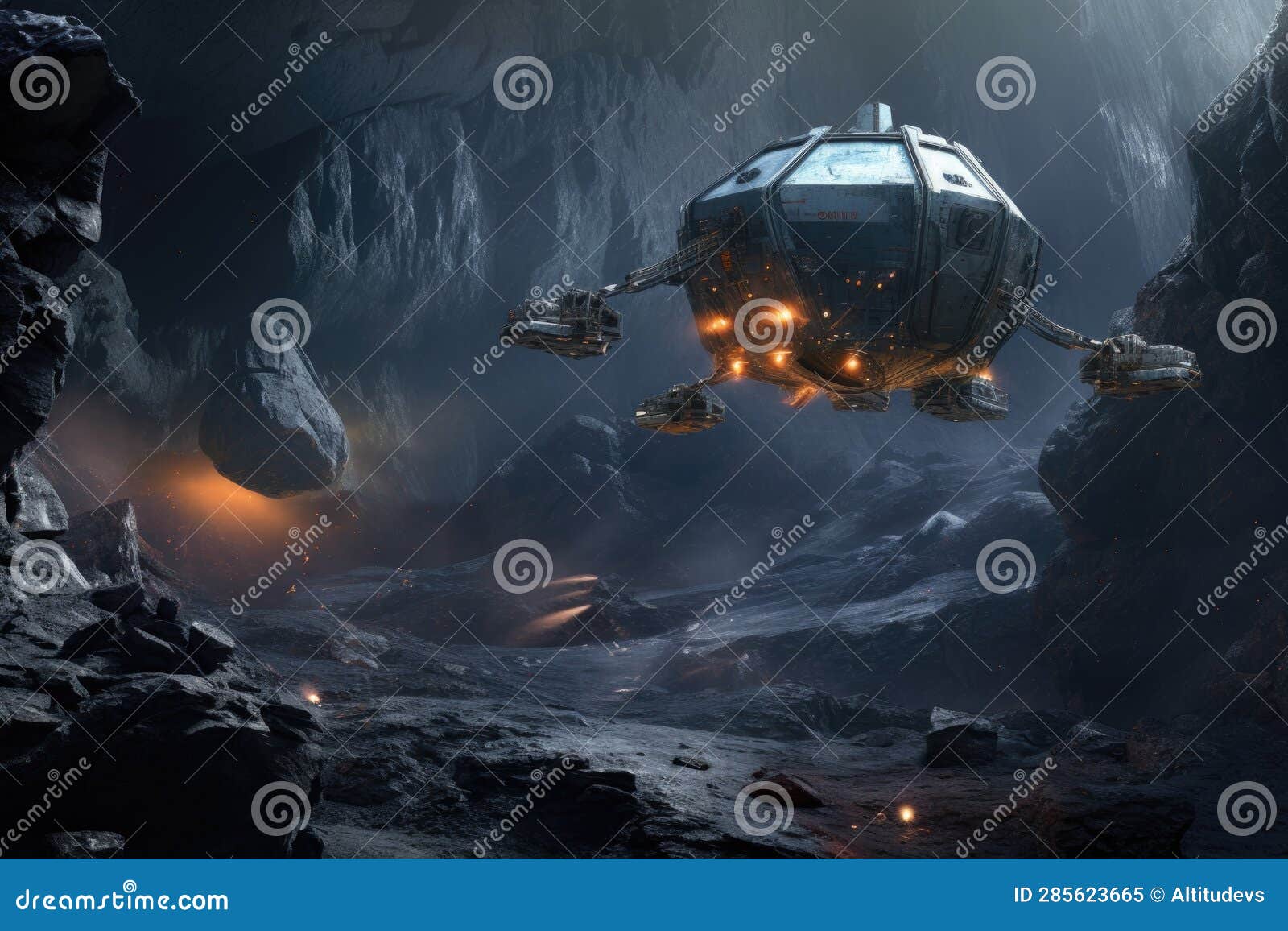 Spacecraft Deploying Mining Drones on Asteroid Stock Illustration ...