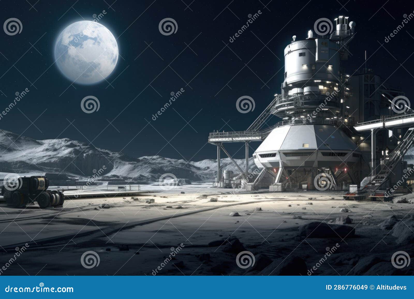 Spacecraft Docked at Lunar Base Landing Pad Stock Illustration ...