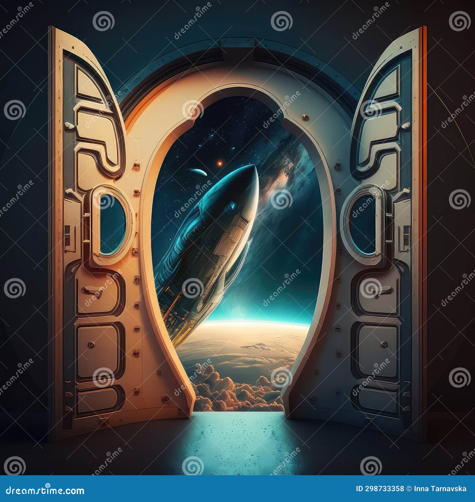 Spacecraft Docking. Opened Spaceship Gateway Door, Porthole ...