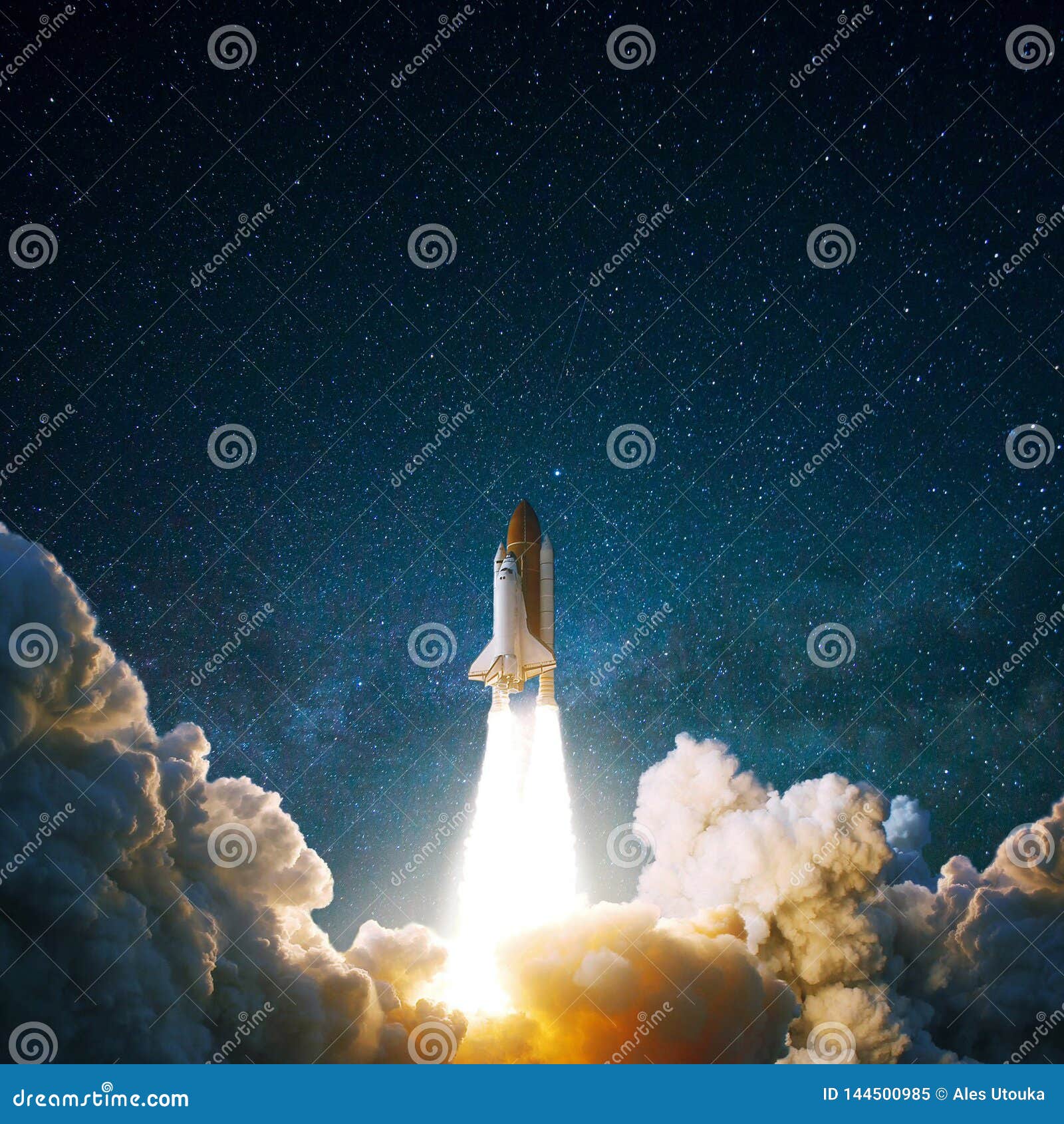 Spacecraft Flies Up into the Starry Sky. Rocket with Smoke Flies into ...
