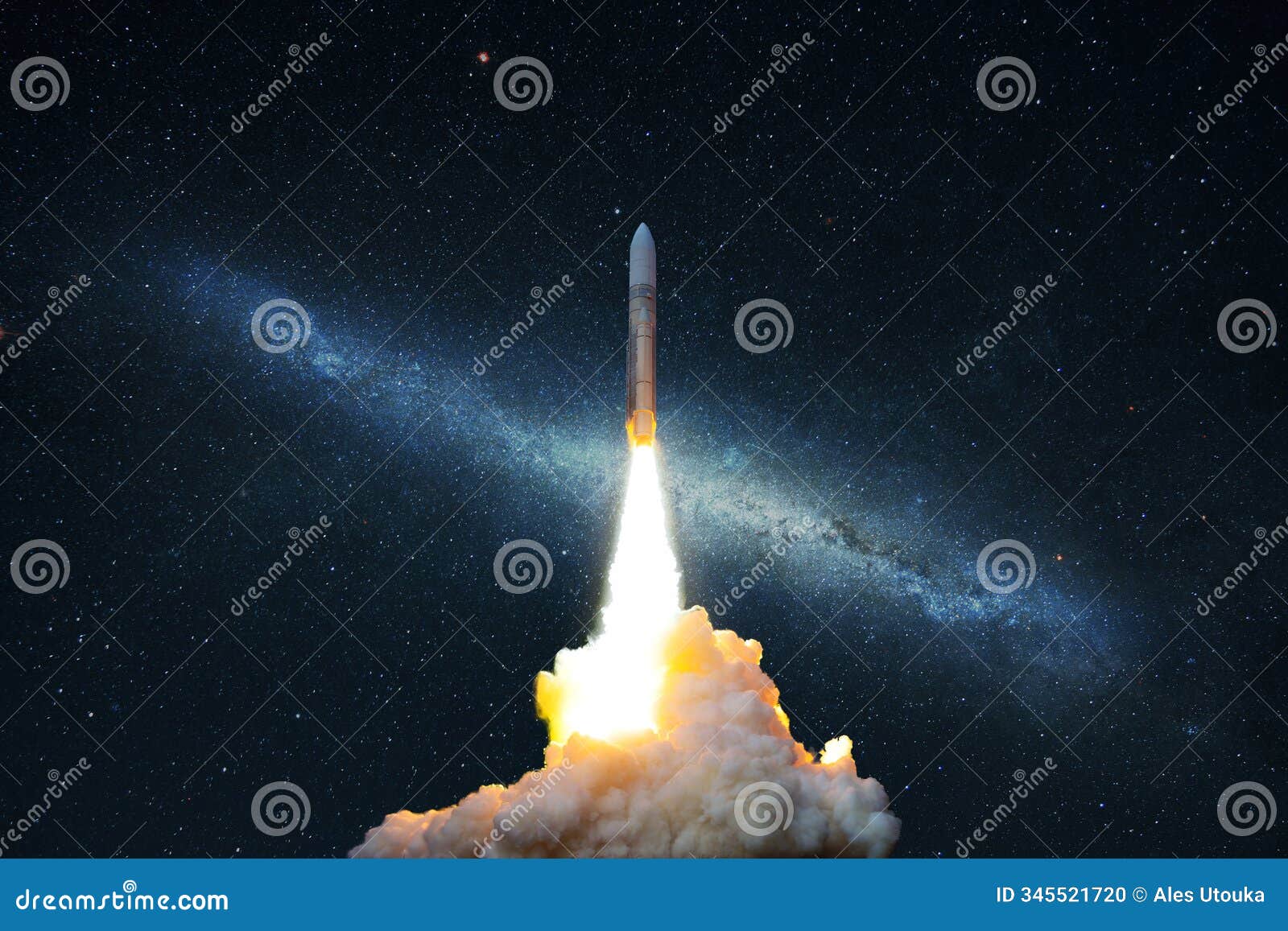 Spacecraft Flies Up into the Starry Sky. Rocket with Smoke Flies into ...