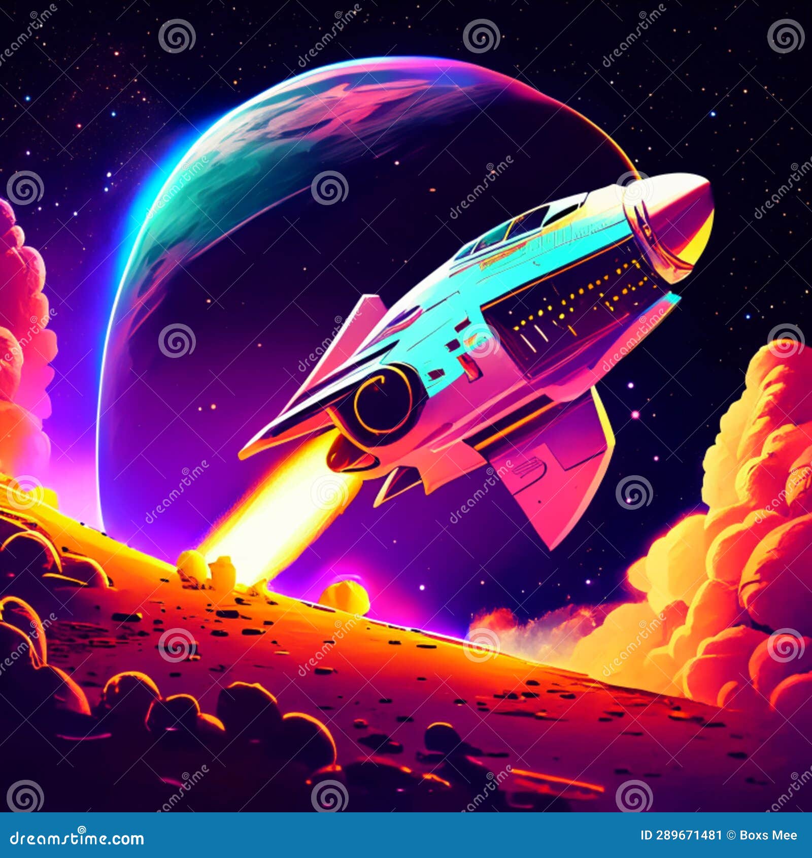 Spacecraft Flying in Outer Space. Cartoon Illustration of Spaceship ...