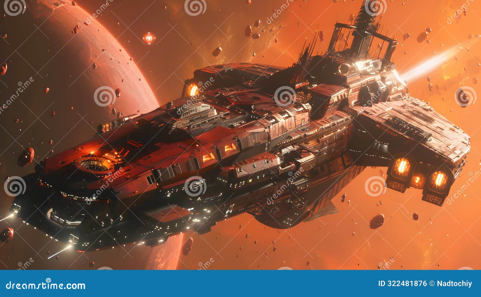 A Spacecraft Glides through Space, with a Distant Planet in View Stock ...