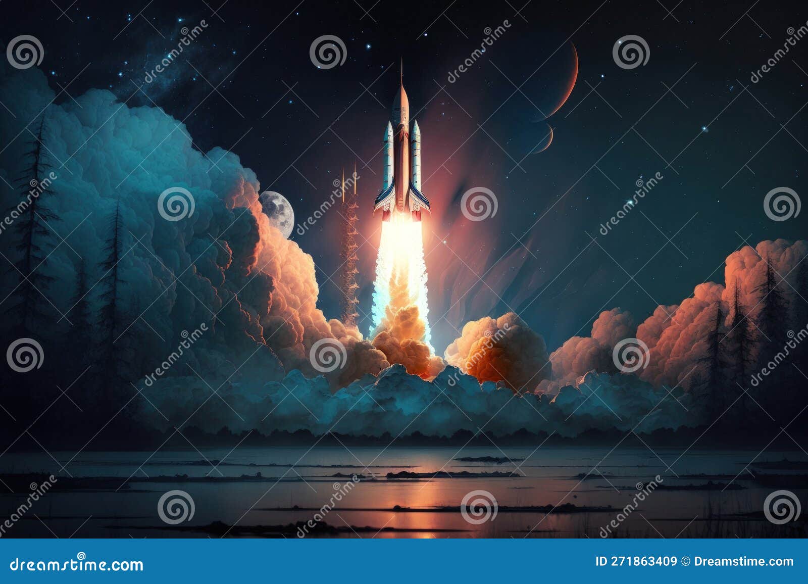The Spacecraft Launches into the Night Sky. Launch of a Rocket into ...