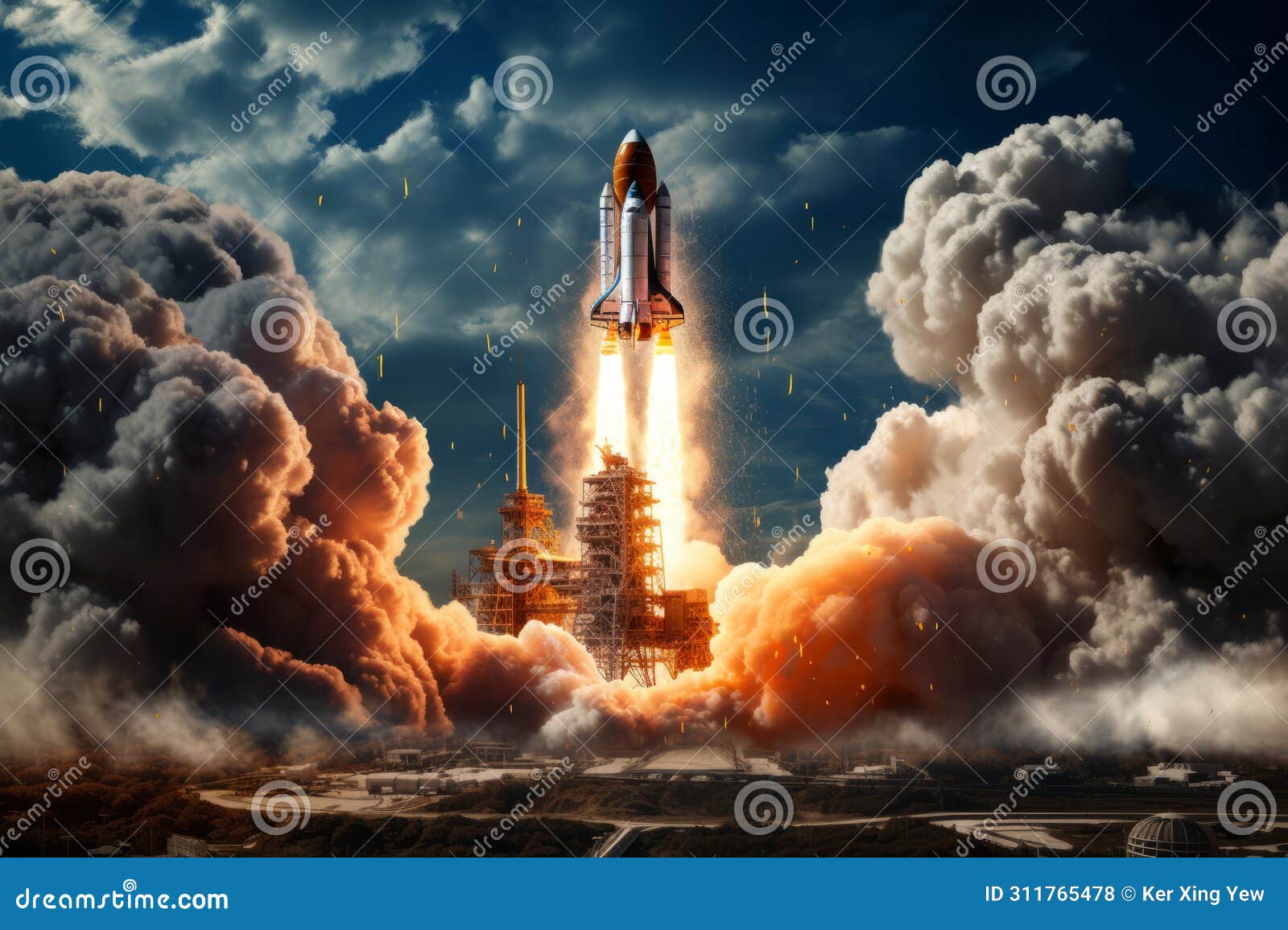 A Spacecraft Launching from Earth with a Plume of Fiery Exhaust Stock ...