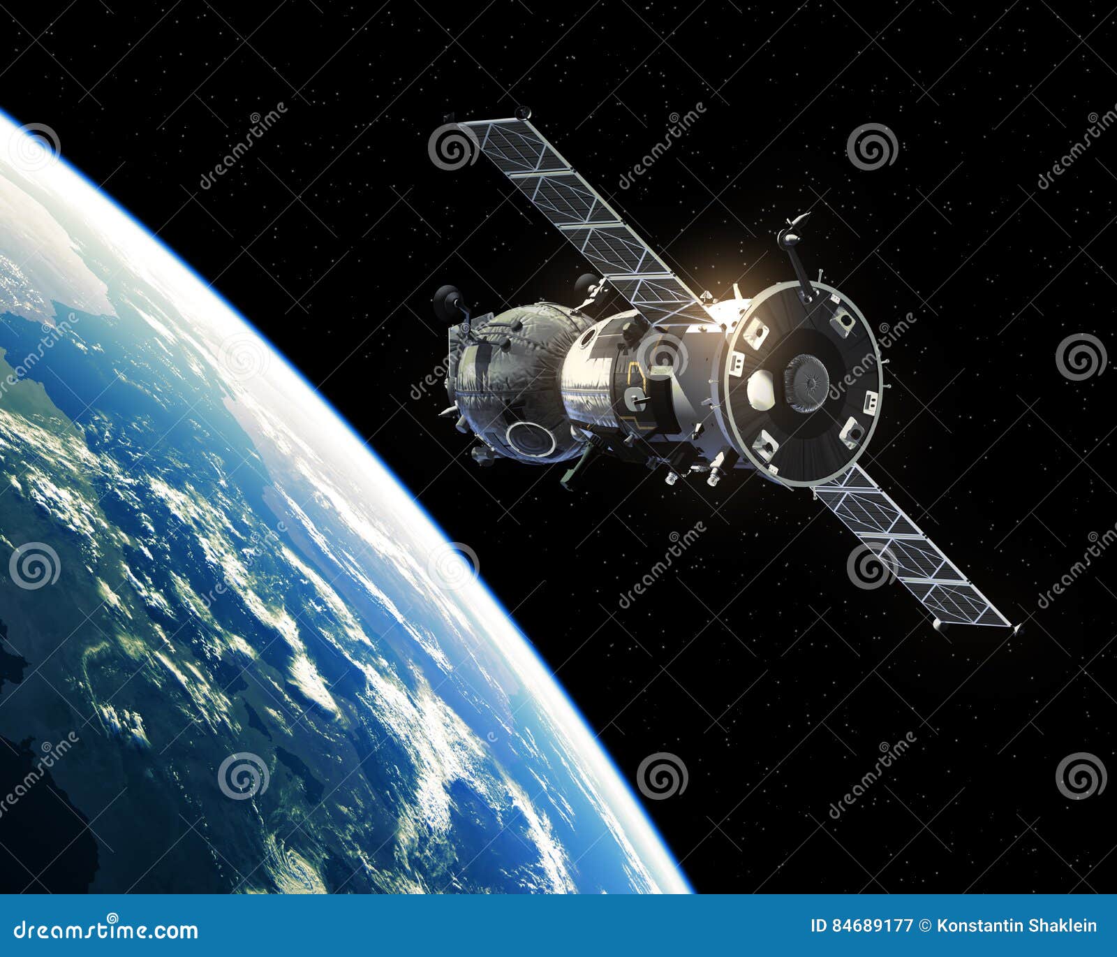Spacecraft Orbiting Earth With Thrusters Blazing And Blue Planet ...