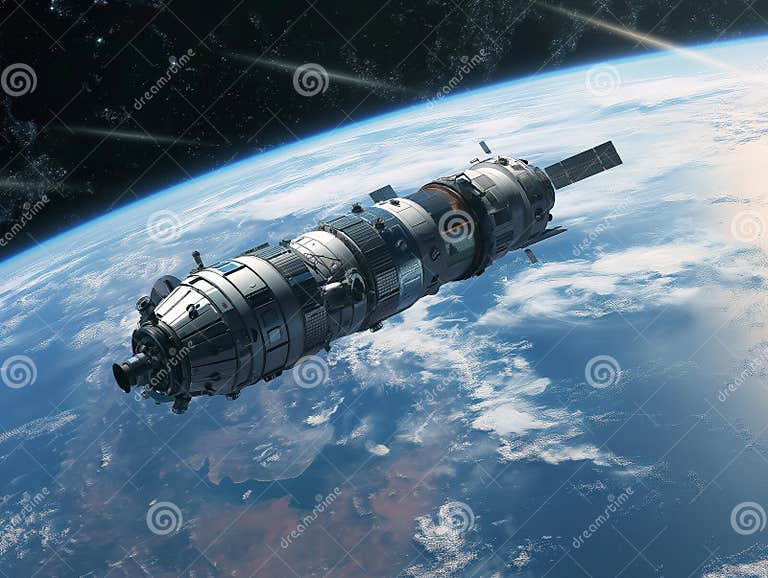 Spacecraft Orbiting Earth stock photo. Image of blue - 312355136