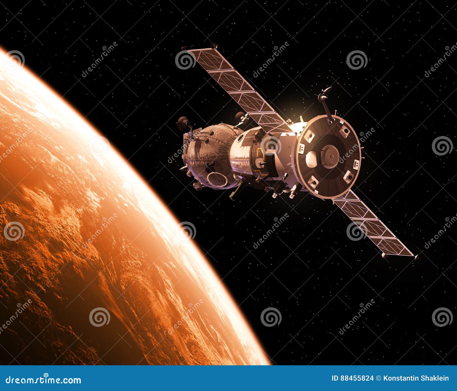 Spacecraft Orbiting Earth With Thrusters Blazing And Blue Planet ...