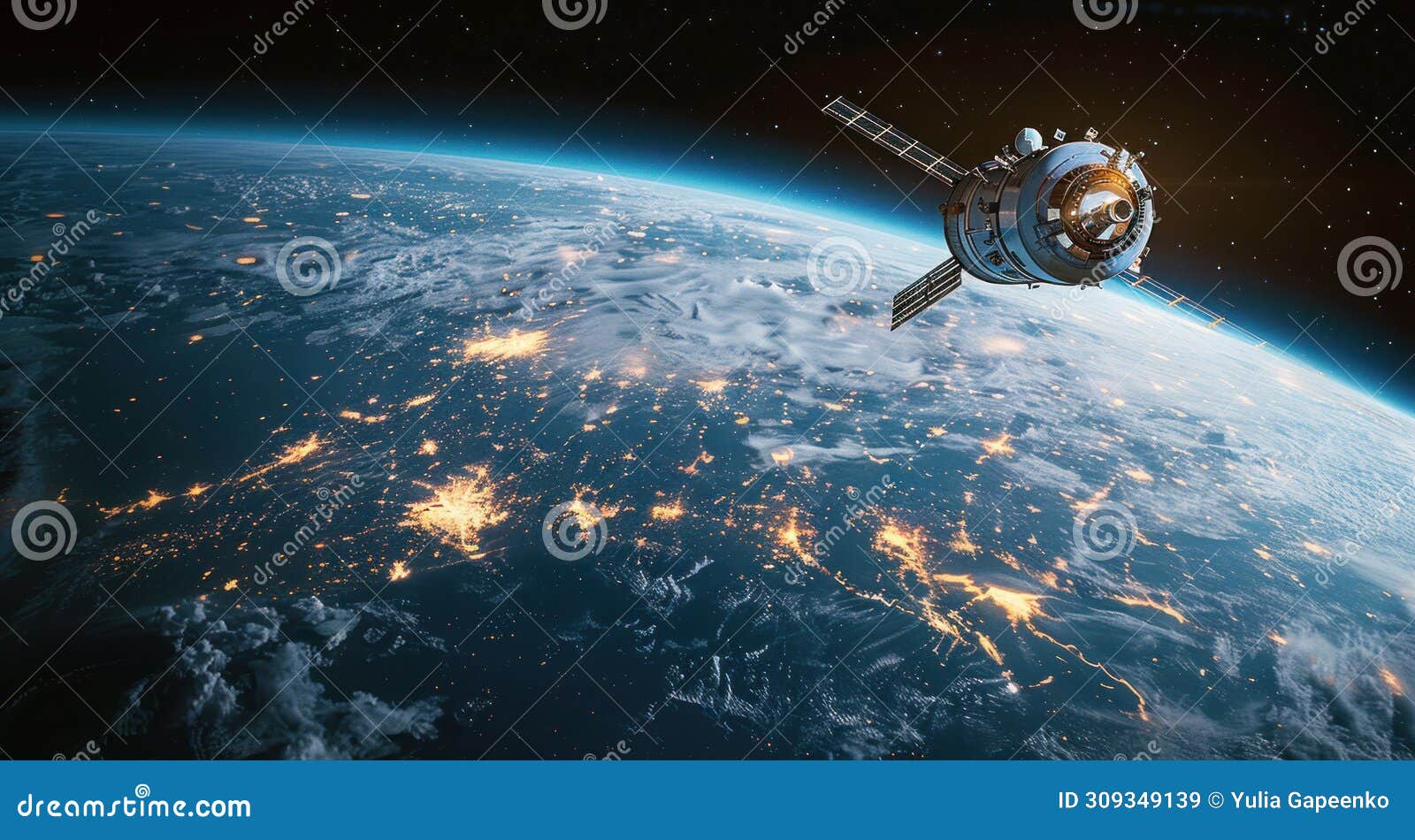 A Spacecraft with a Satellite Floats Above the Earth Stock Image ...