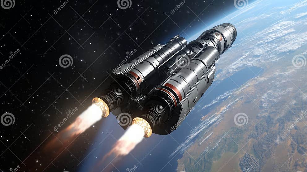 A Spacecraft Soaring through Space with Dynamic Thrusters Ignited Over ...