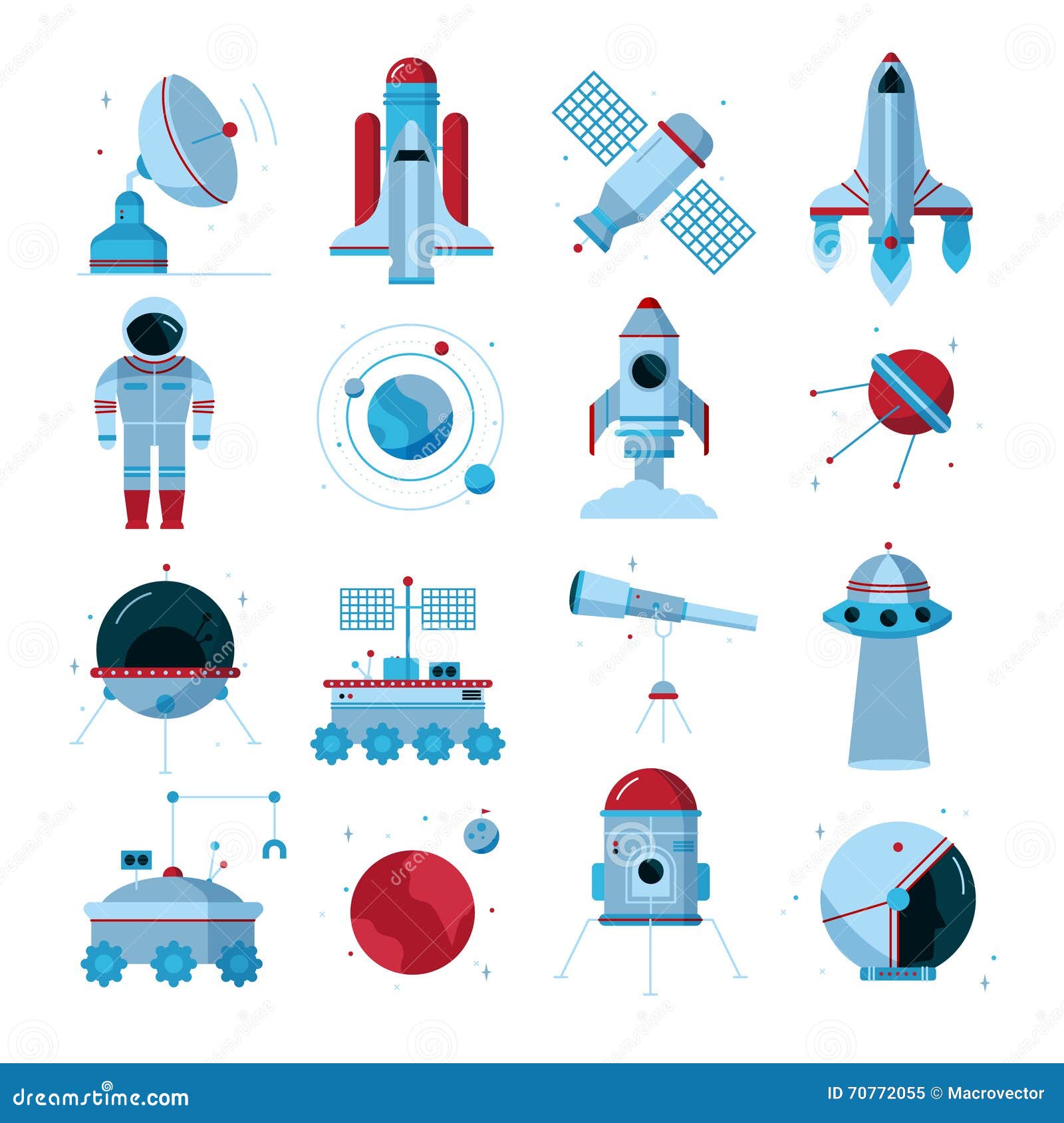 Spacecrafts Instruments Equipment Flat Icons Set Stock Vector ...
