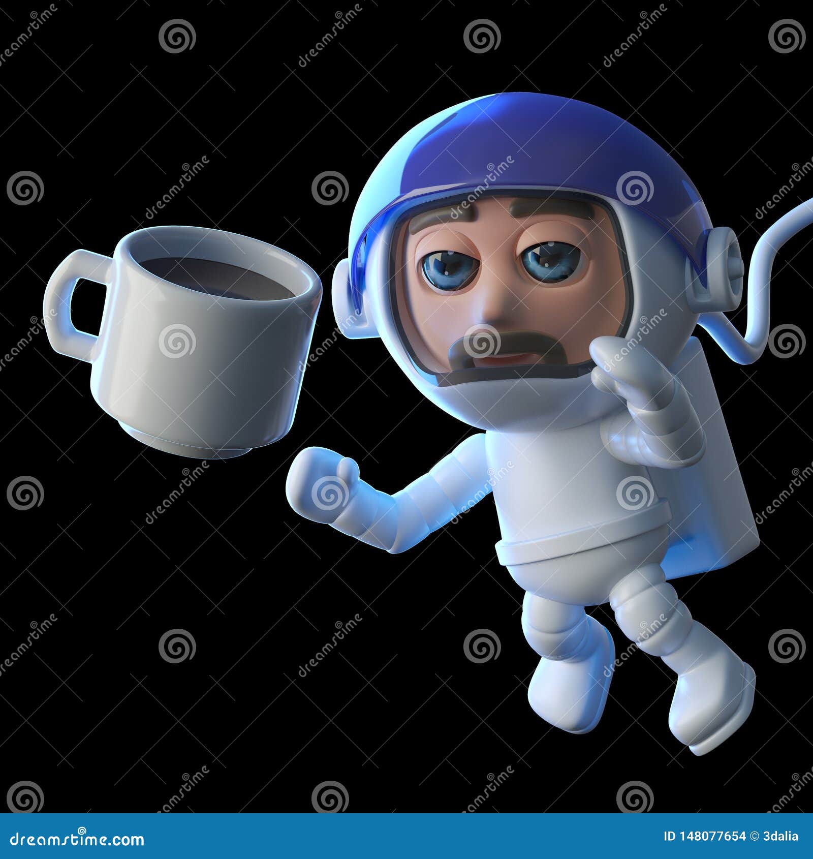 Spaceman Astronaut in 3d Floating in Zero Gravity Reaching for a Cup of ...