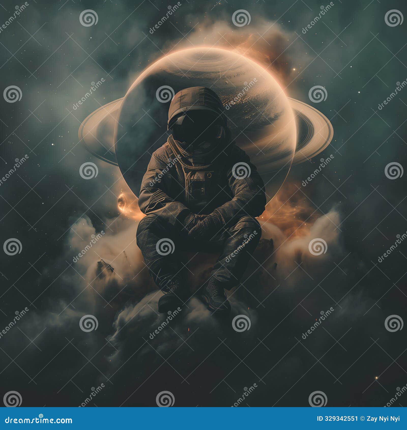 A Spaceman or Astronaut Sitting Against a Background of Saturn Planet ...