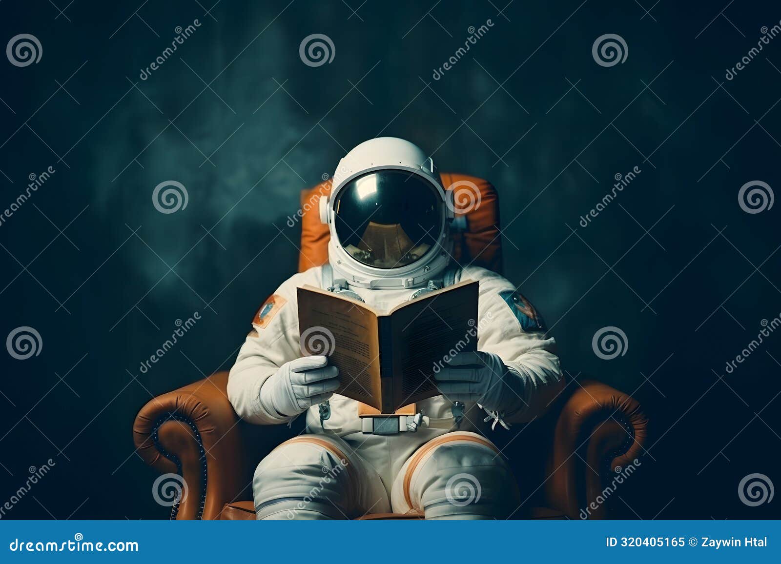 Spaceman or Astronaut Sitting on a Chair and Reading Book Stock ...