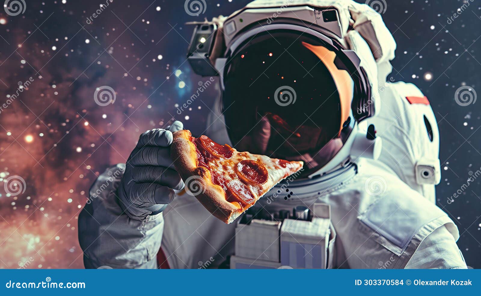 Spaceman Eats a Piece of Tasty Pizza in Open Space Background Stock ...