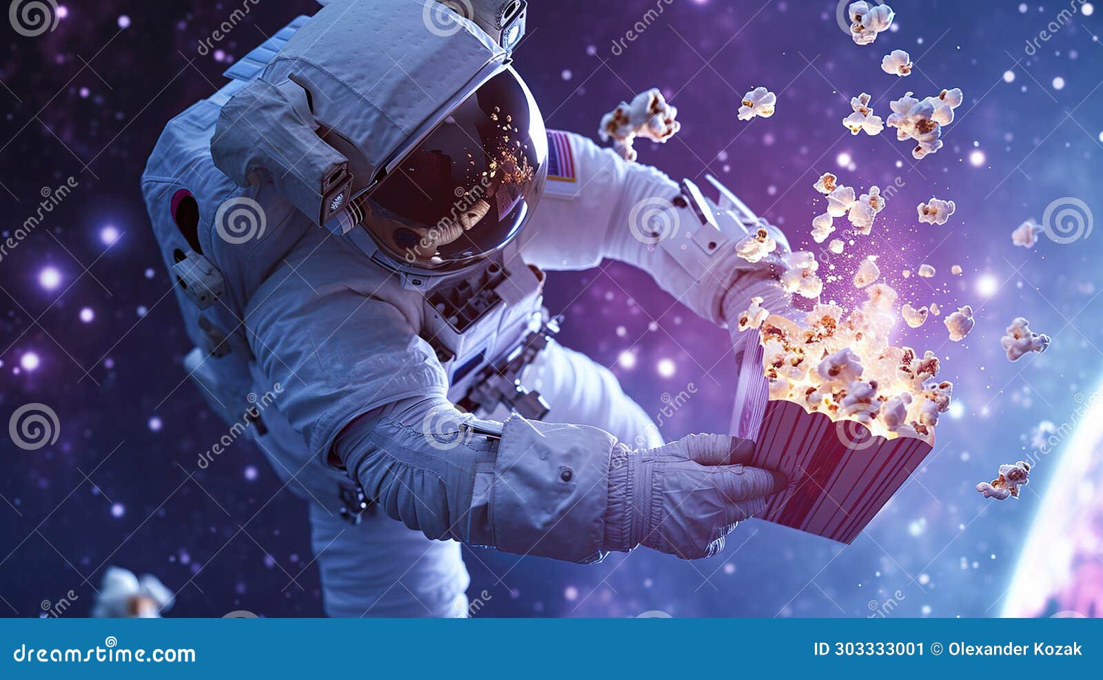Spaceman Eats Popcorn from Paper Box in Open Space Stock Illustration ...