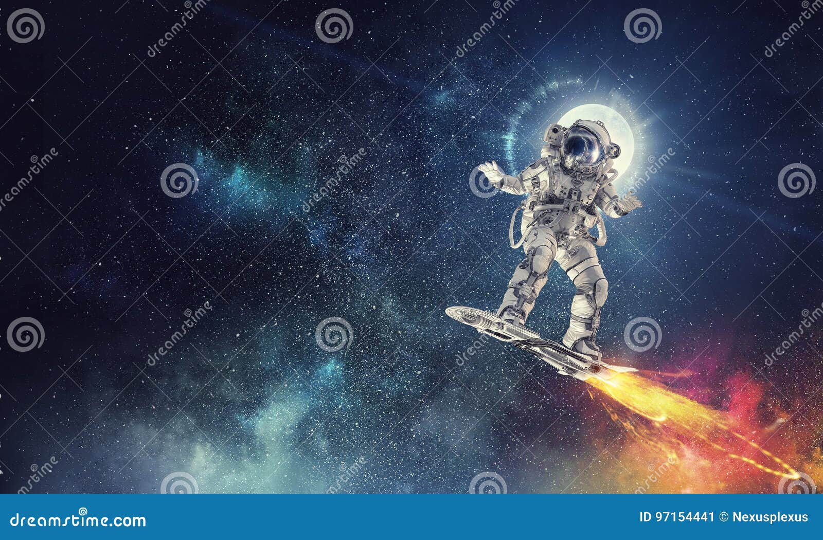 Spaceman on Flying Board. Mixed Media Stock Illustration - Illustration ...