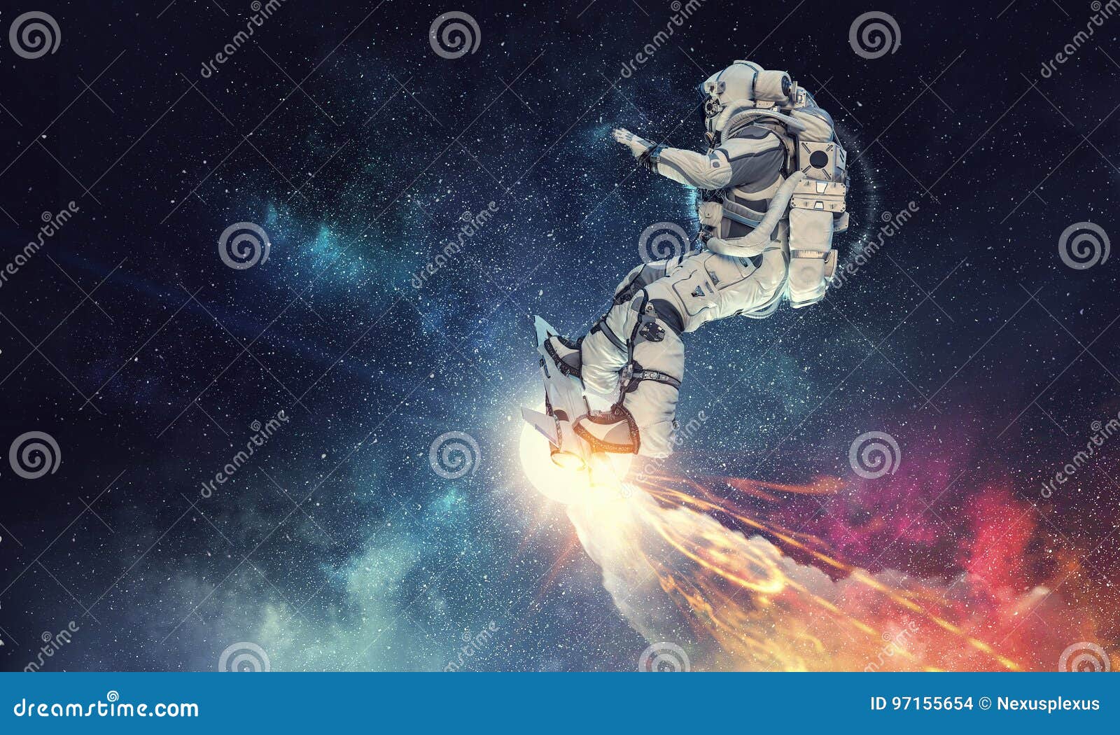 Spaceman on Flying Board. Mixed Media Stock Photo - Image of explorer ...
