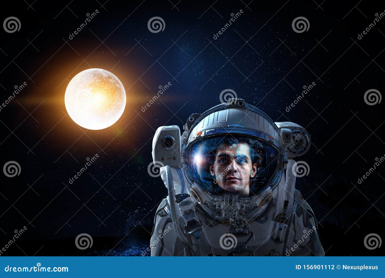 Spaceman on Full Moon Sky Background Stock Photo - Image of galactic ...