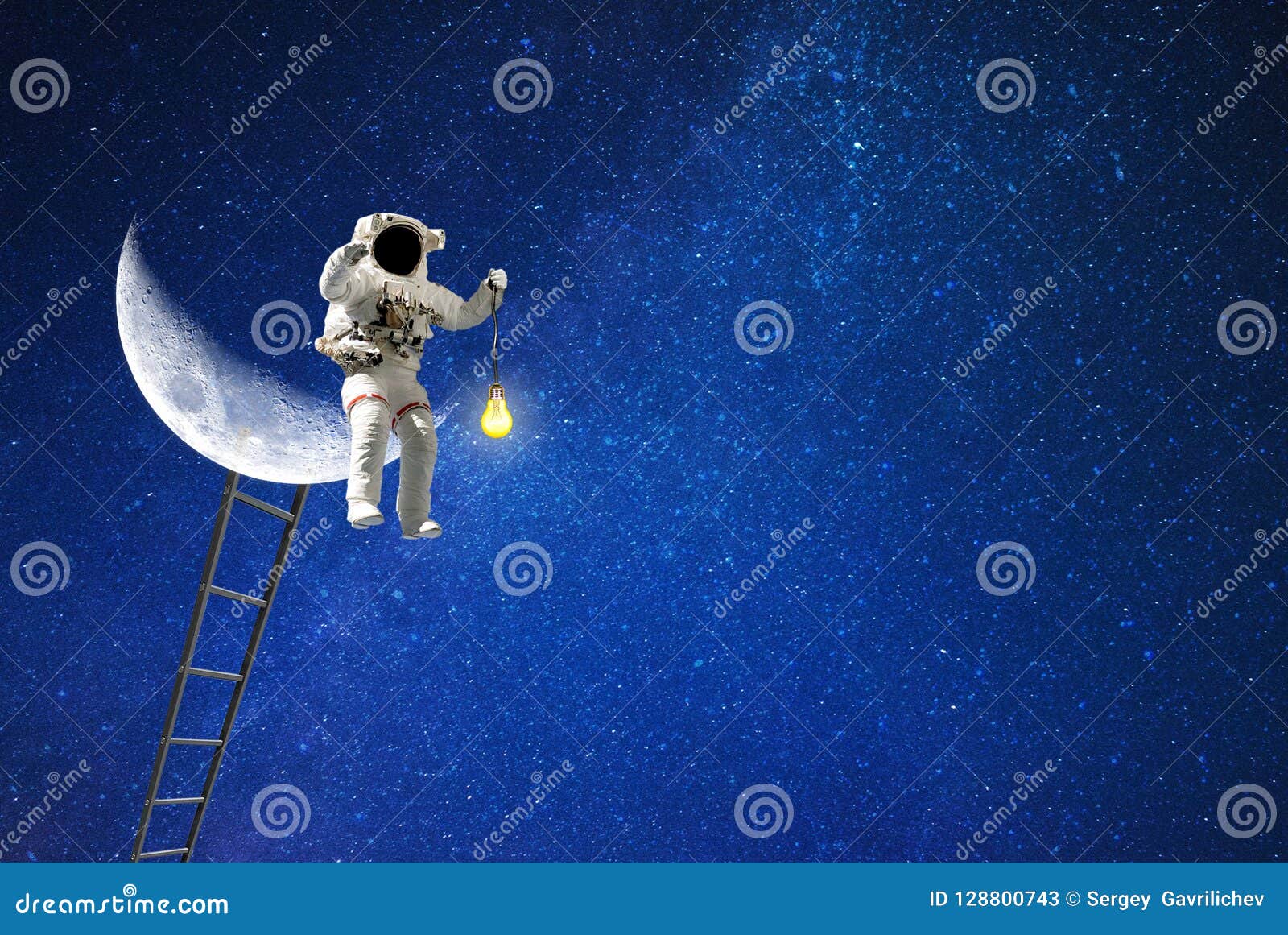 Spaceman and Moon Lighting for Galaxy Stock Image - Image of astronaut ...