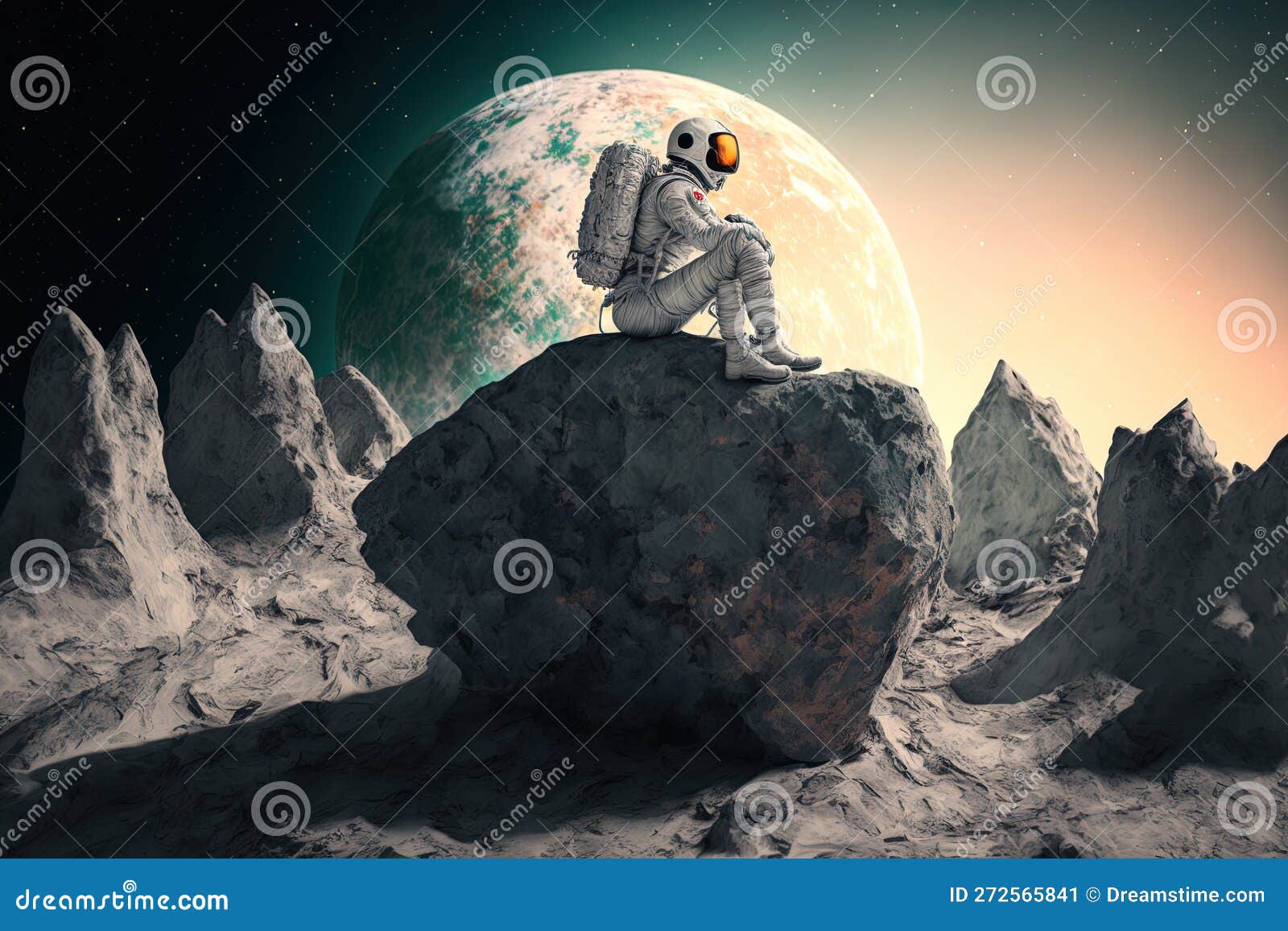 Spaceman on Rock Edge. Mixed Media Stock Illustration - Illustration of ...