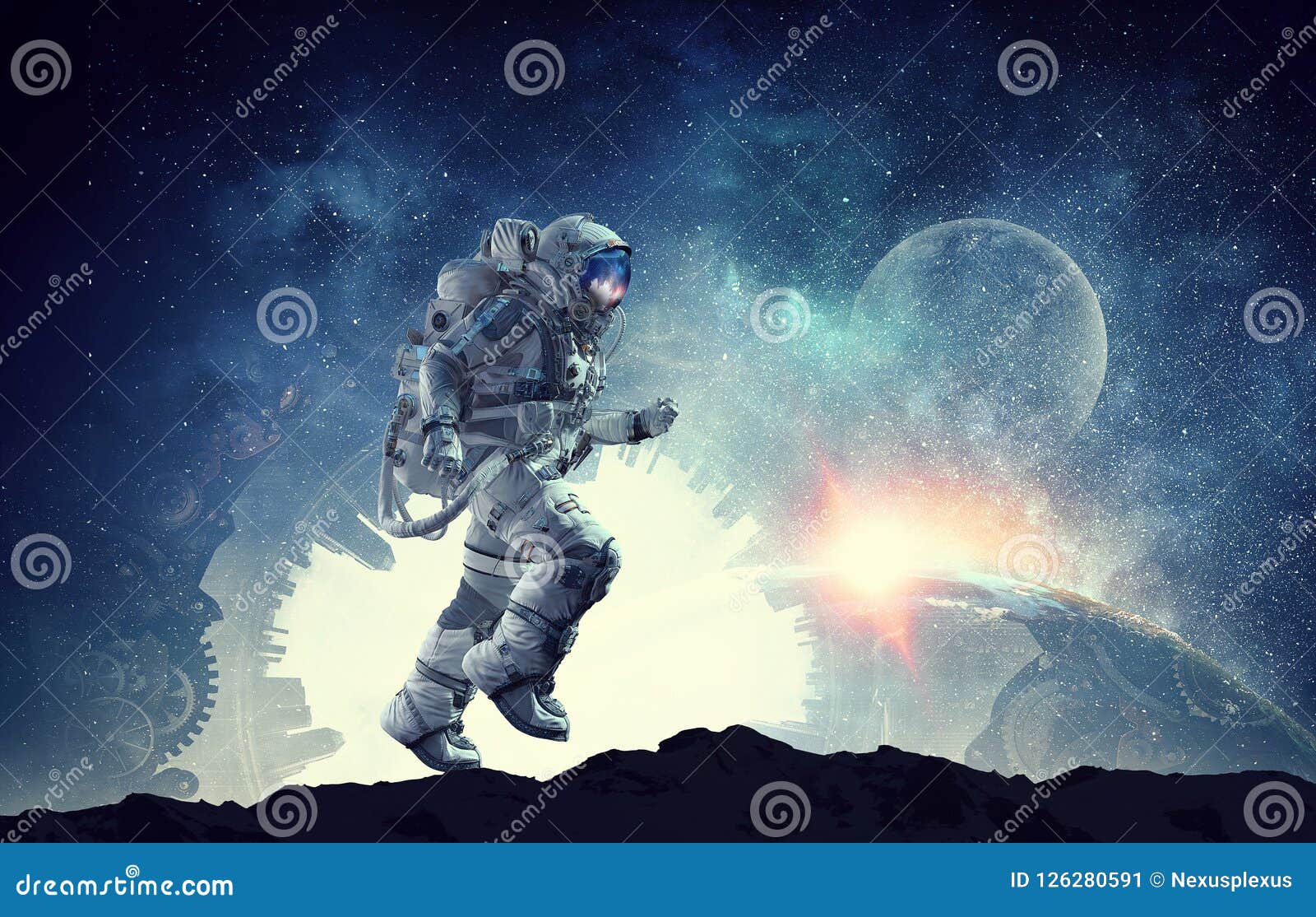 Spaceman Run on Rope. Mixed Media Stock Image - Image of spaceman ...