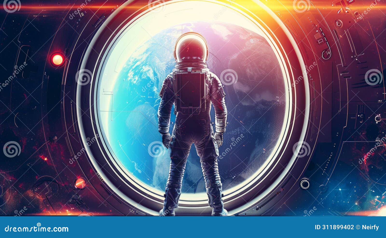 Spaceman in a Spacesuit Stands in Front of Spaceship Circle Window ... Spaceman in a Spacesuit Stands in Front of Spaceship Circle Window ...