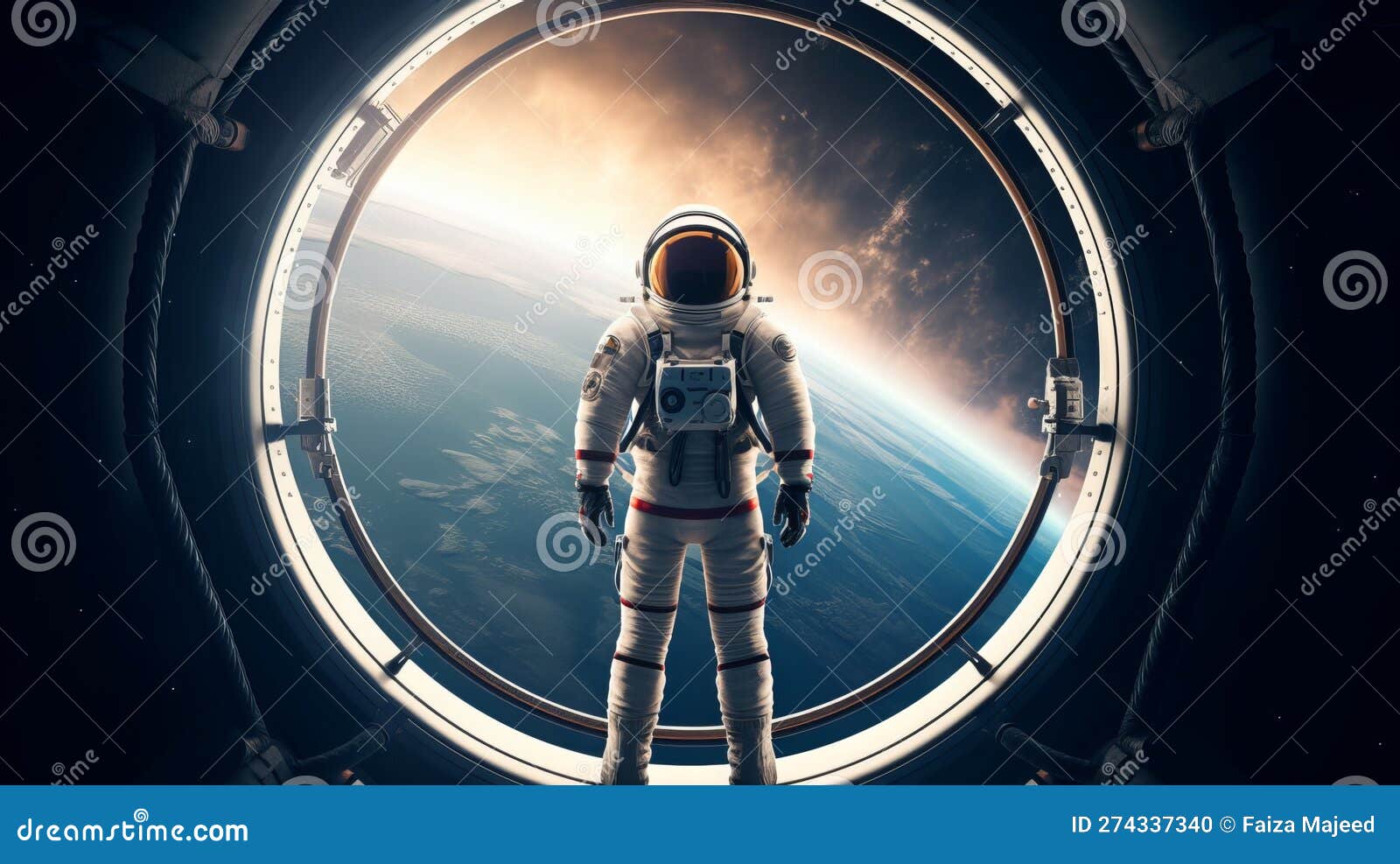 Spaceman in a Spacesuit Stands in Front of Spaceship Circle Window ...