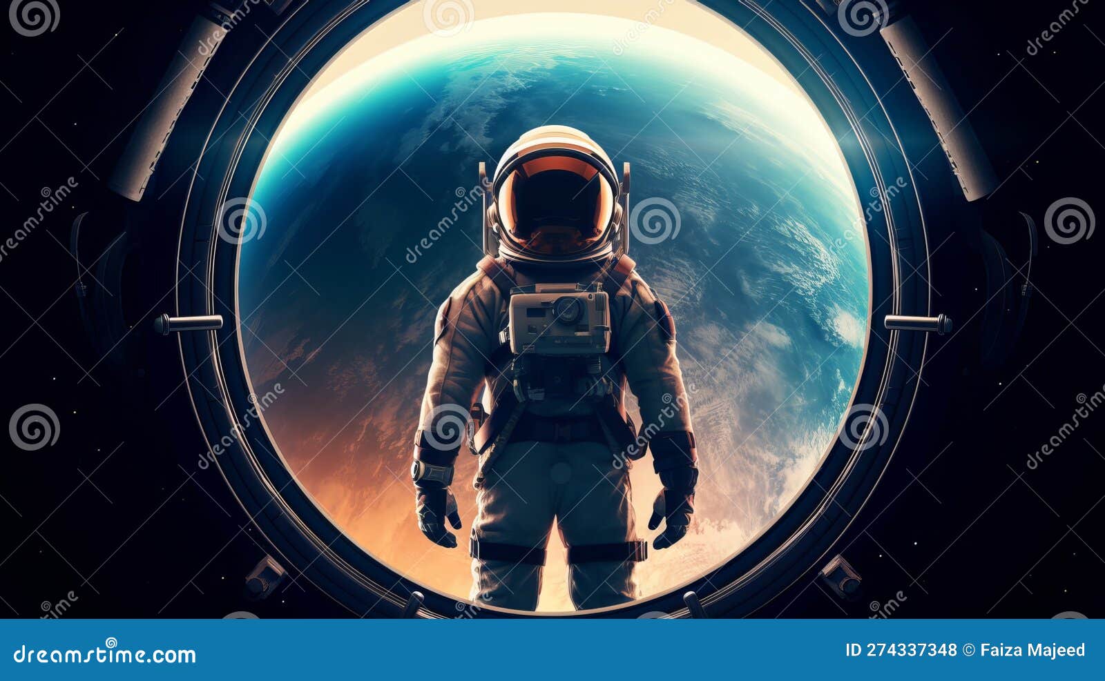 Spaceman in a Spacesuit Stands in Front of Spaceship Circle Window ...