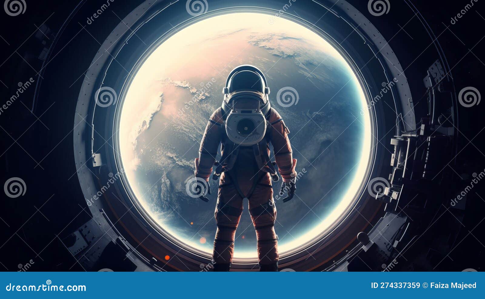 Spaceman in a Spacesuit Stands in Front of Spaceship Circle Window ...