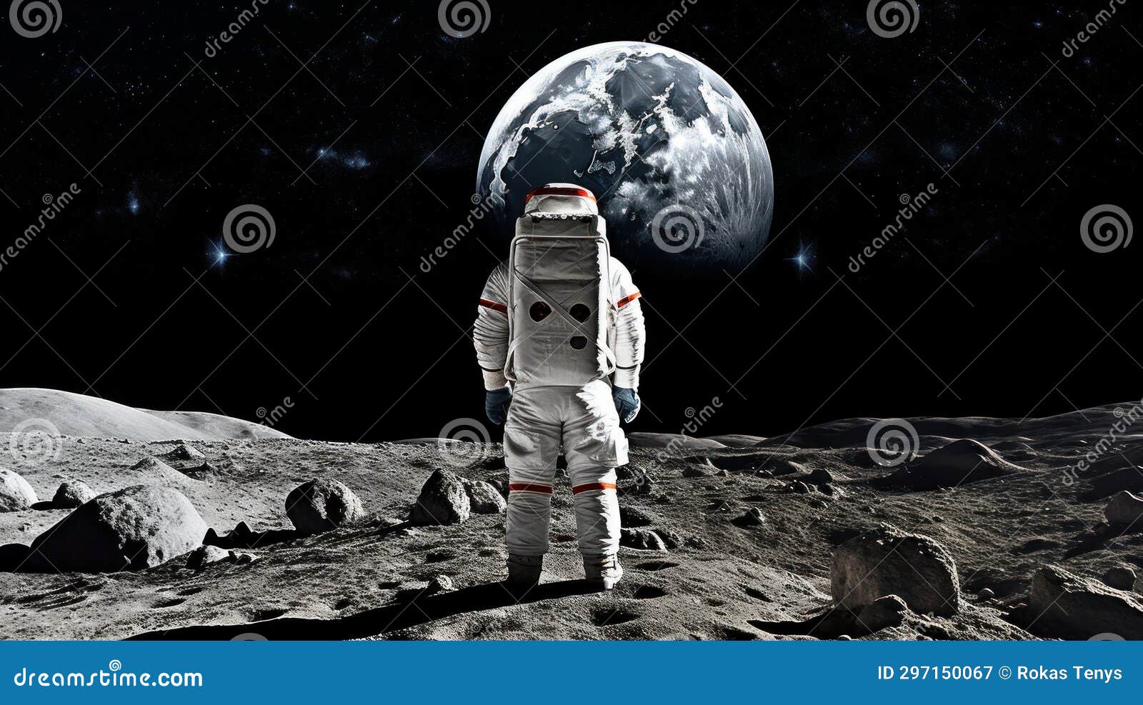 Spaceman Stands on the Moon Surface Looking To the Other Planet on the ...