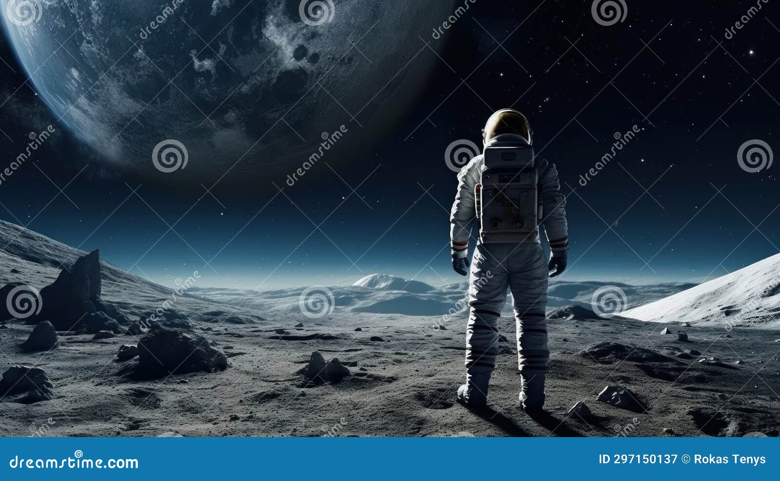 Spaceman Stands on the Moon Surface Looking To the Other Planet on the ...