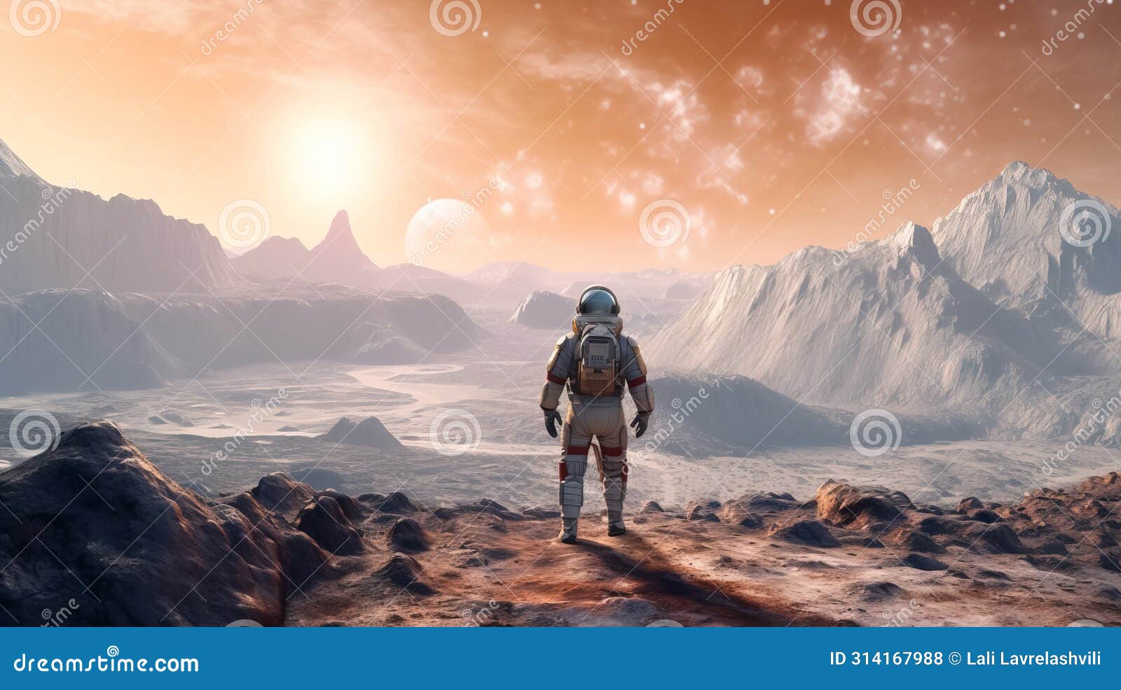A Spaceman Walking through a Misty Distant Planet. Surreal Mystical ...