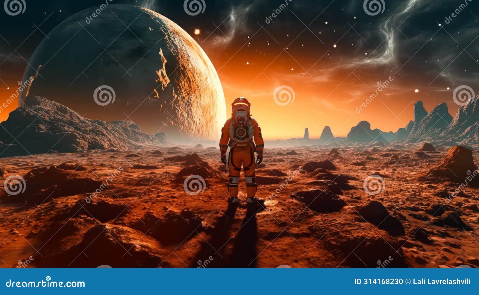 A Spaceman Walking through a Misty Distant Planet. Surreal Mystical ...