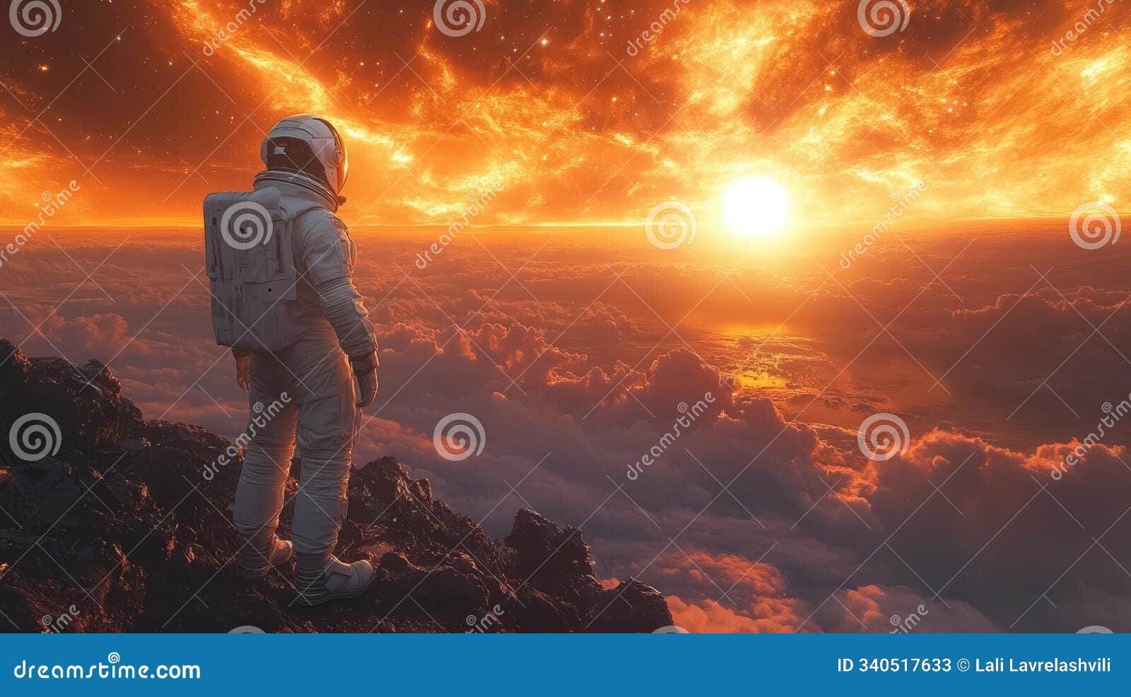 A Spaceman Walking through a Misty Distant Planet. Surreal Mystical ...